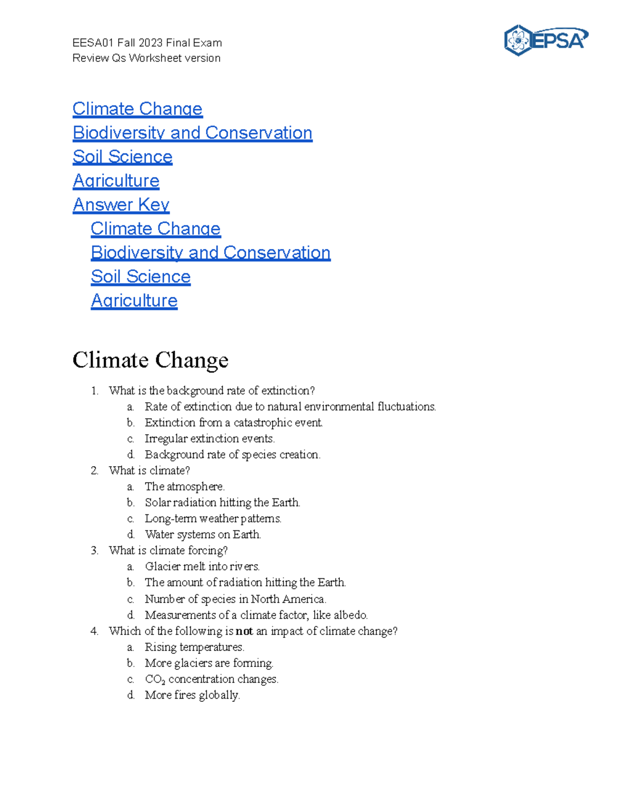 EESA01 Fall 2023 Final Exam Review Qs Worksheet version - Review Qs Worksheet version Climate ...