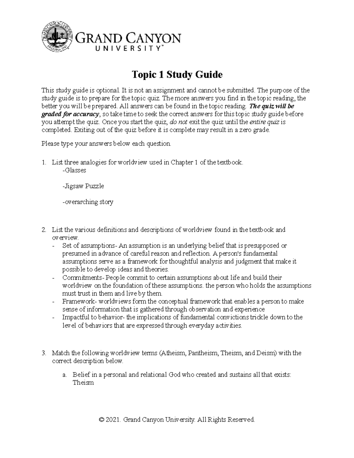 Topic 1 study guide - Topic 1 Study Guide This study guide is optional ...