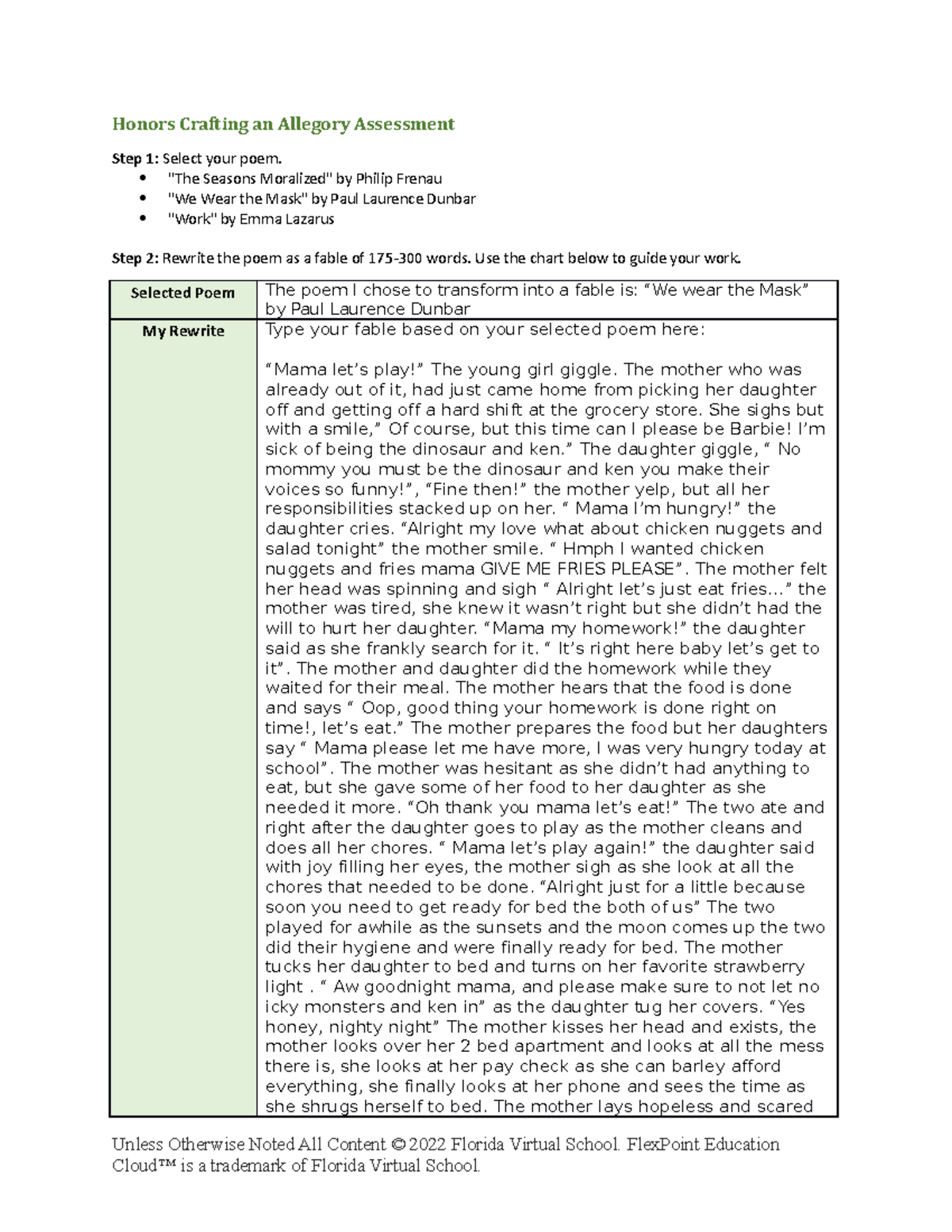Honors crafting an allegory assess rubric - Honors Crafting an Allegory ...