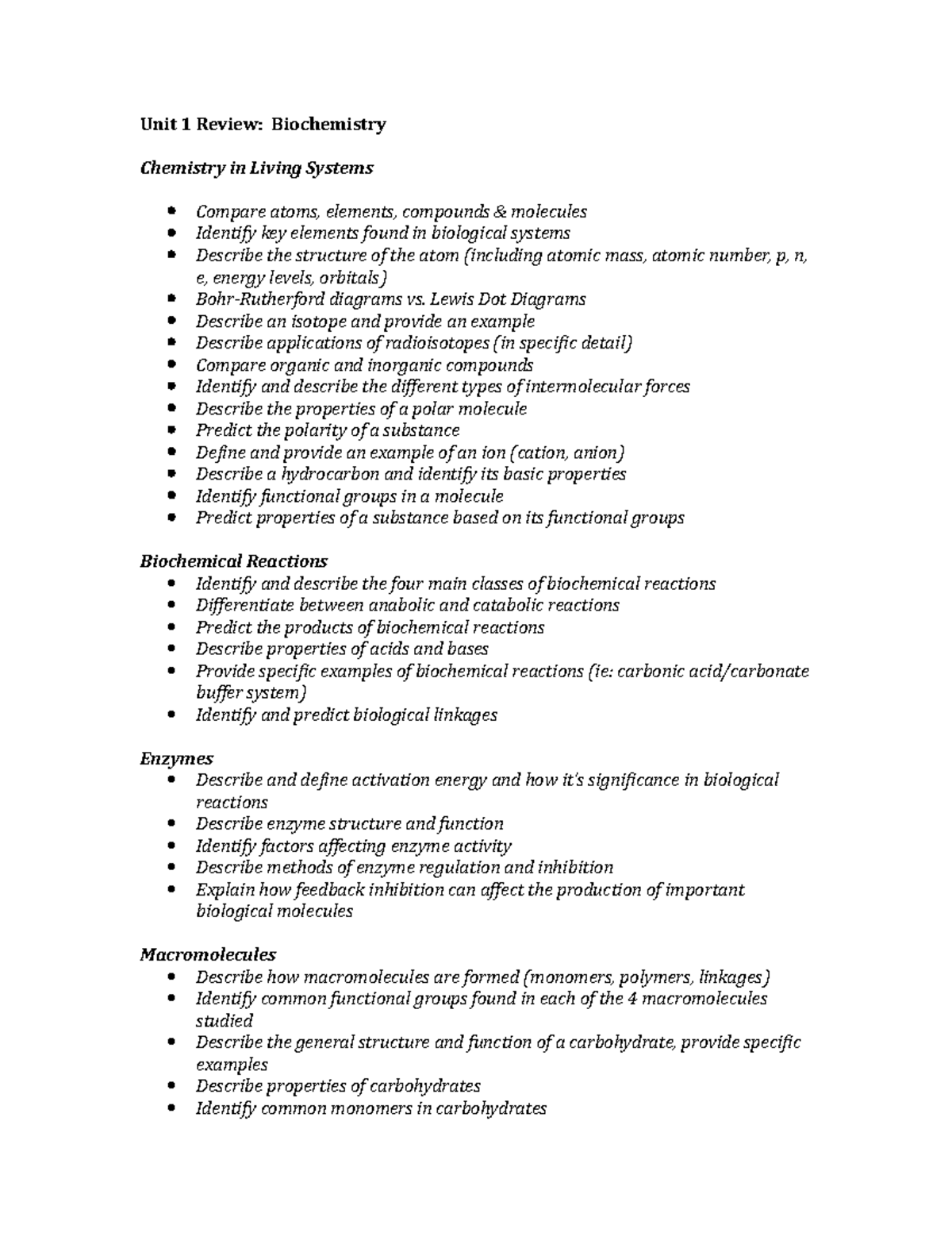 08a unit 1 review - biology notes - Unit 1 Review: Biochemistry ...