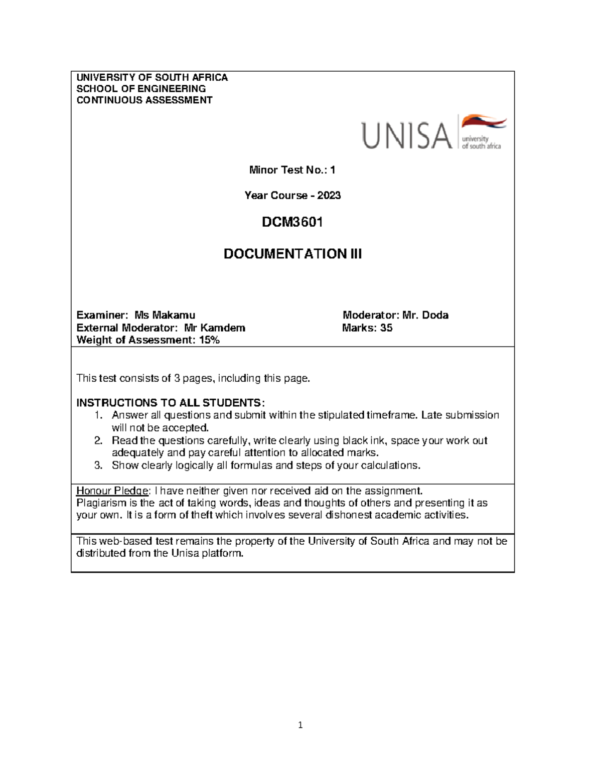 DCM3601 ASS 1 Question Paper - 1 UNIVERSITY OF SOUTH AFRICA SCHOOL OF ...