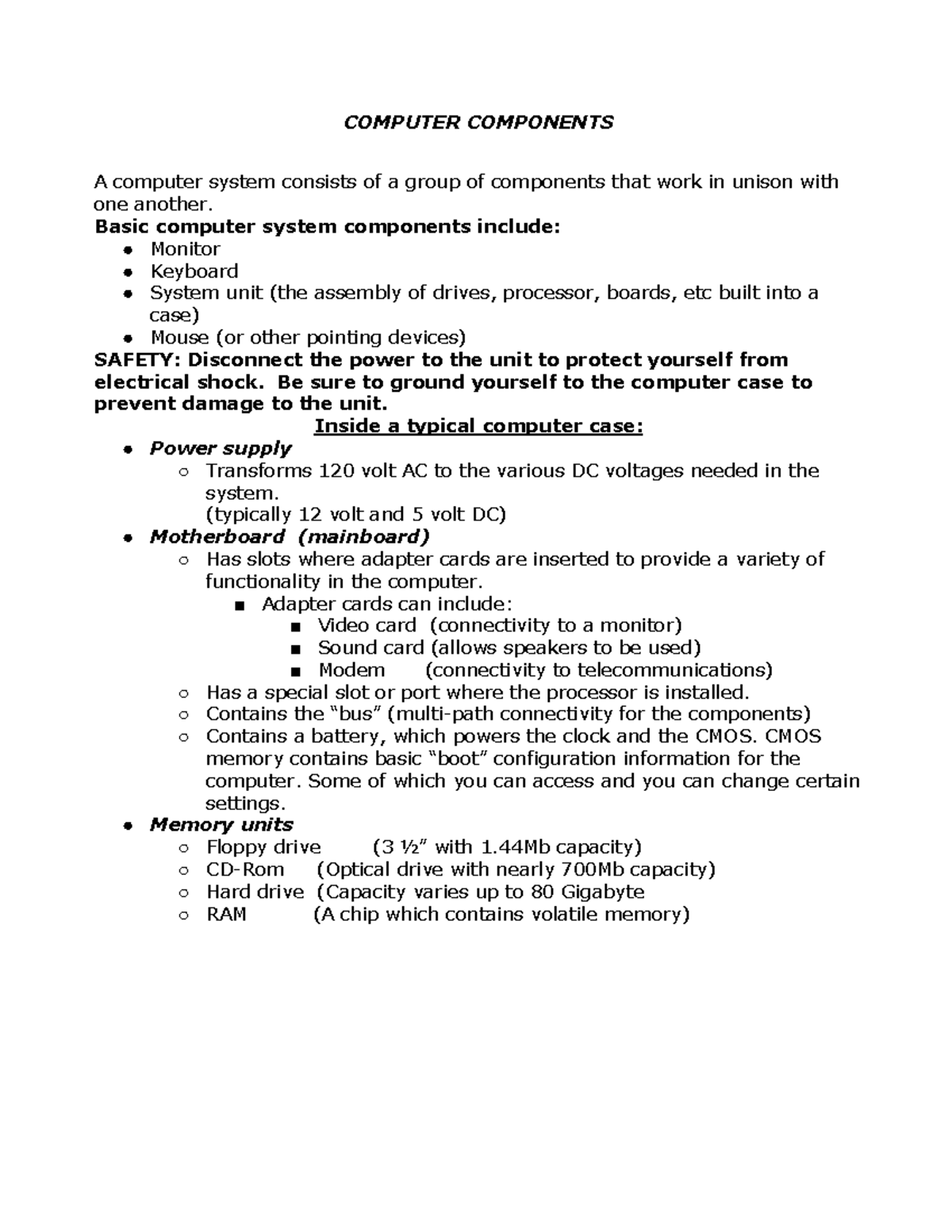 Computer Components Linux Installation And Configuration Lecture Notes Computer Components A