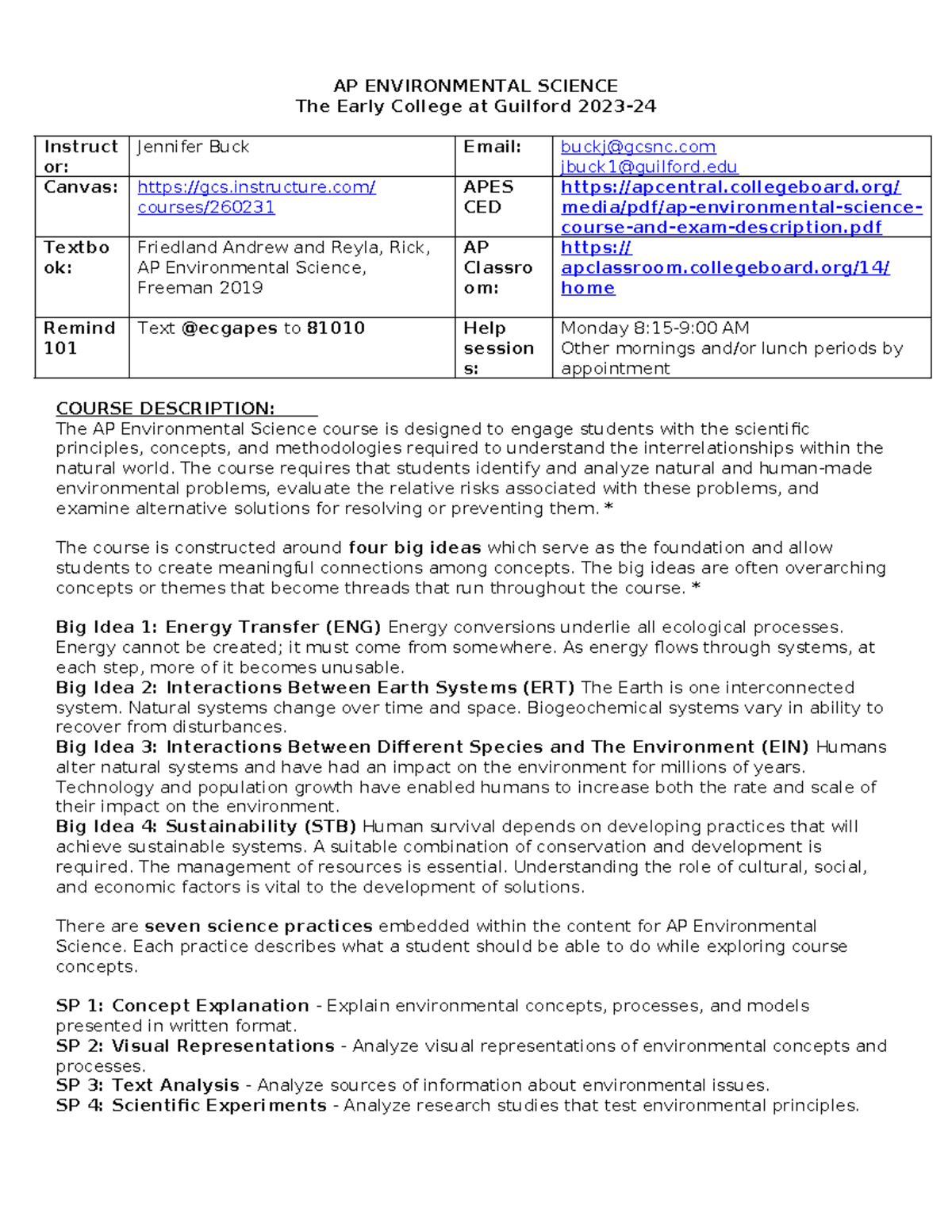 APES syllabus 2023-24 - AP ENVIRONMENTAL SCIENCE The Early College at ...