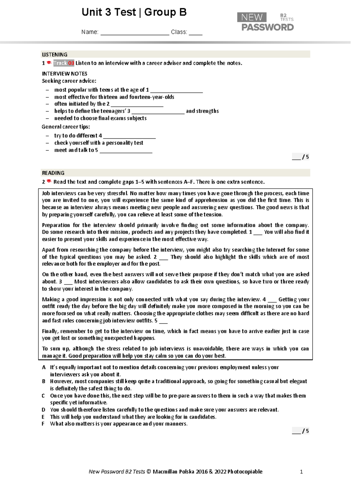New Password B2 Uxdd T 3B - Unit 3 Test | Group B Name ...