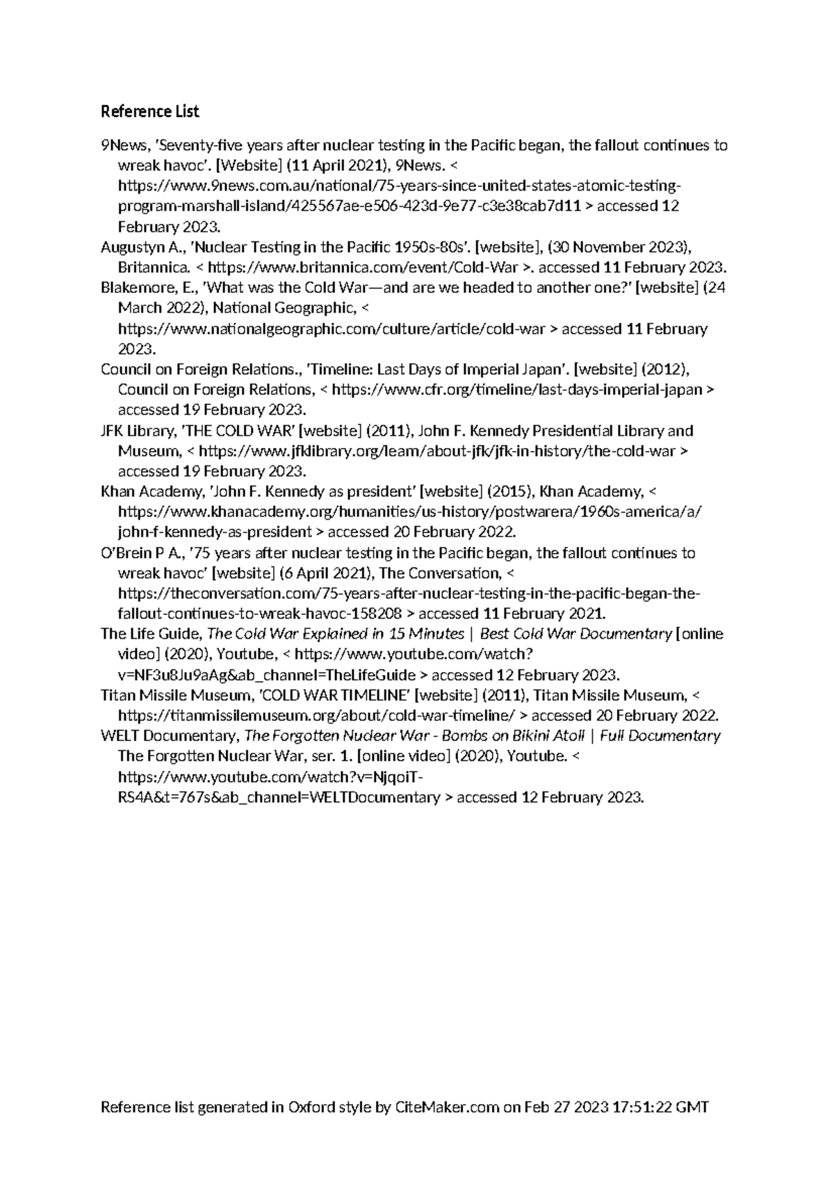 Citemaker - ssssssssssssss - Reference List 9News, 'Seventy-five years ...