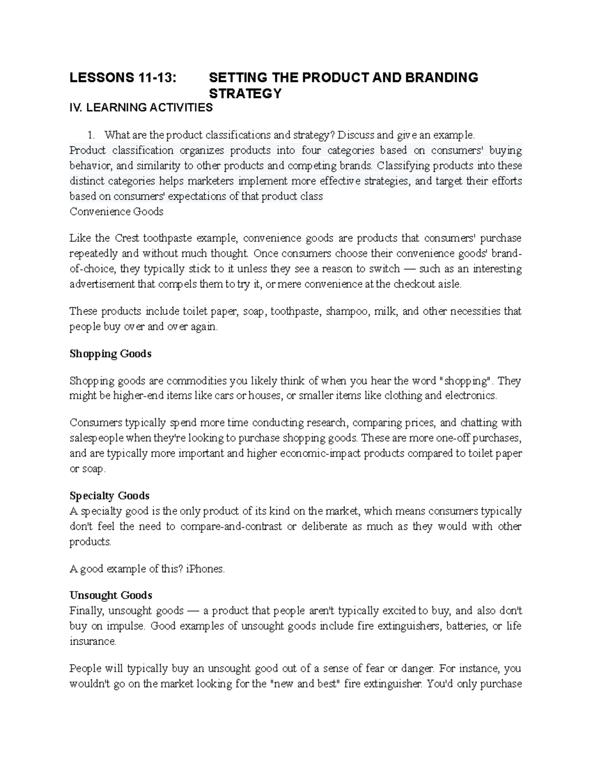 11-13 - Grade: B- LESSONS 11-13: SETTING THE PRODUCT AND BRANDING ...