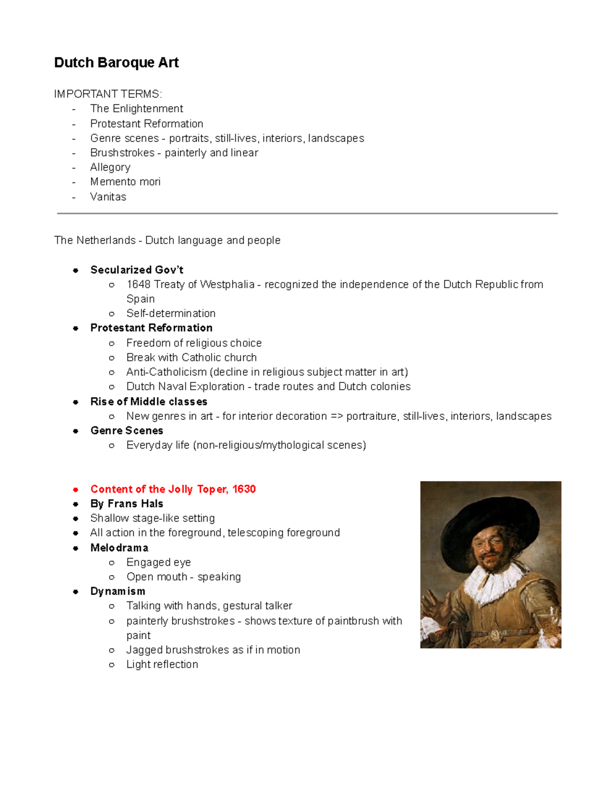 Dutch Baroque - Lecture notes for test 1 - Dutch Baroque Art IMPORTANT ...