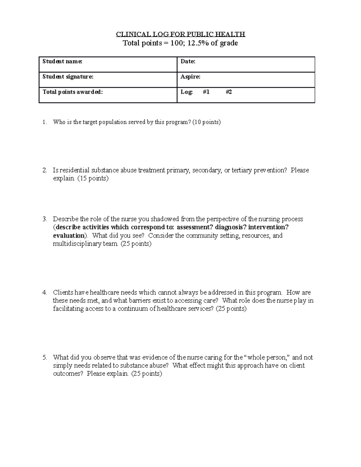 Clinical LOG Template - paper - CLINICAL LOG FOR PUBLIC HEALTH Total ...