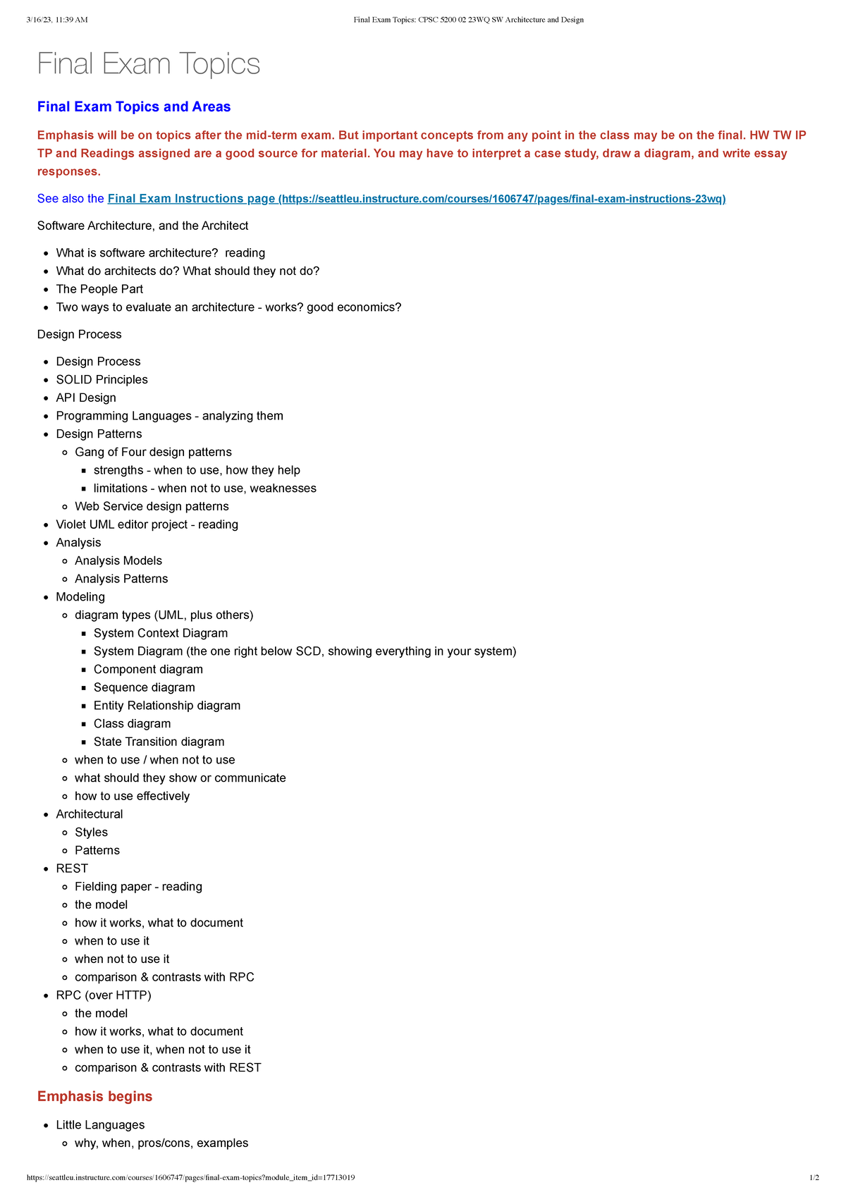 Final Exam Topics CPSC 5200 02 23WQ SW Architecture and Design - 3/16 ...