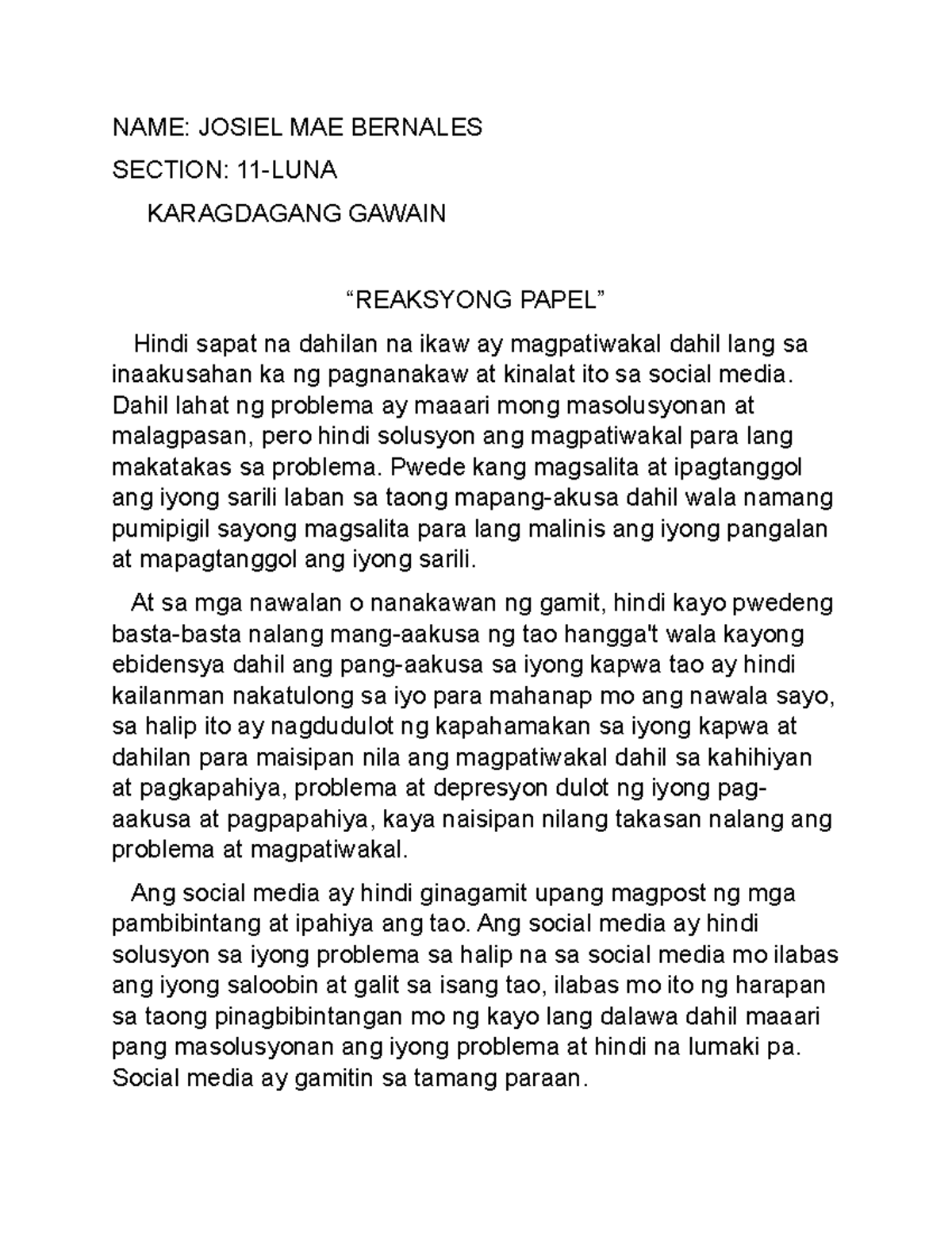 Reaksyion paper - NAME: JOSIEL MAE BERNALES SECTION: 11-LUNA ...