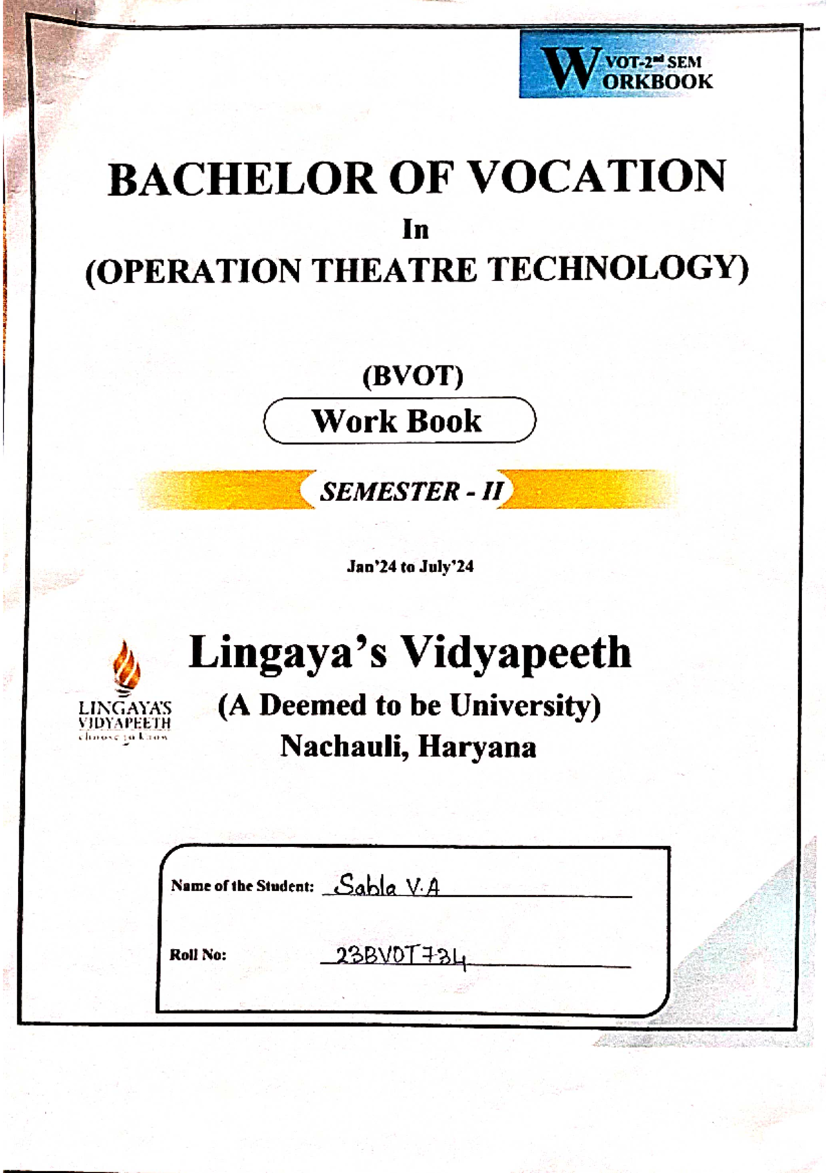 Workbook - W SEM ORKBOOK BACHELOR OF VOCATION In (OPERATION THEATRE ...