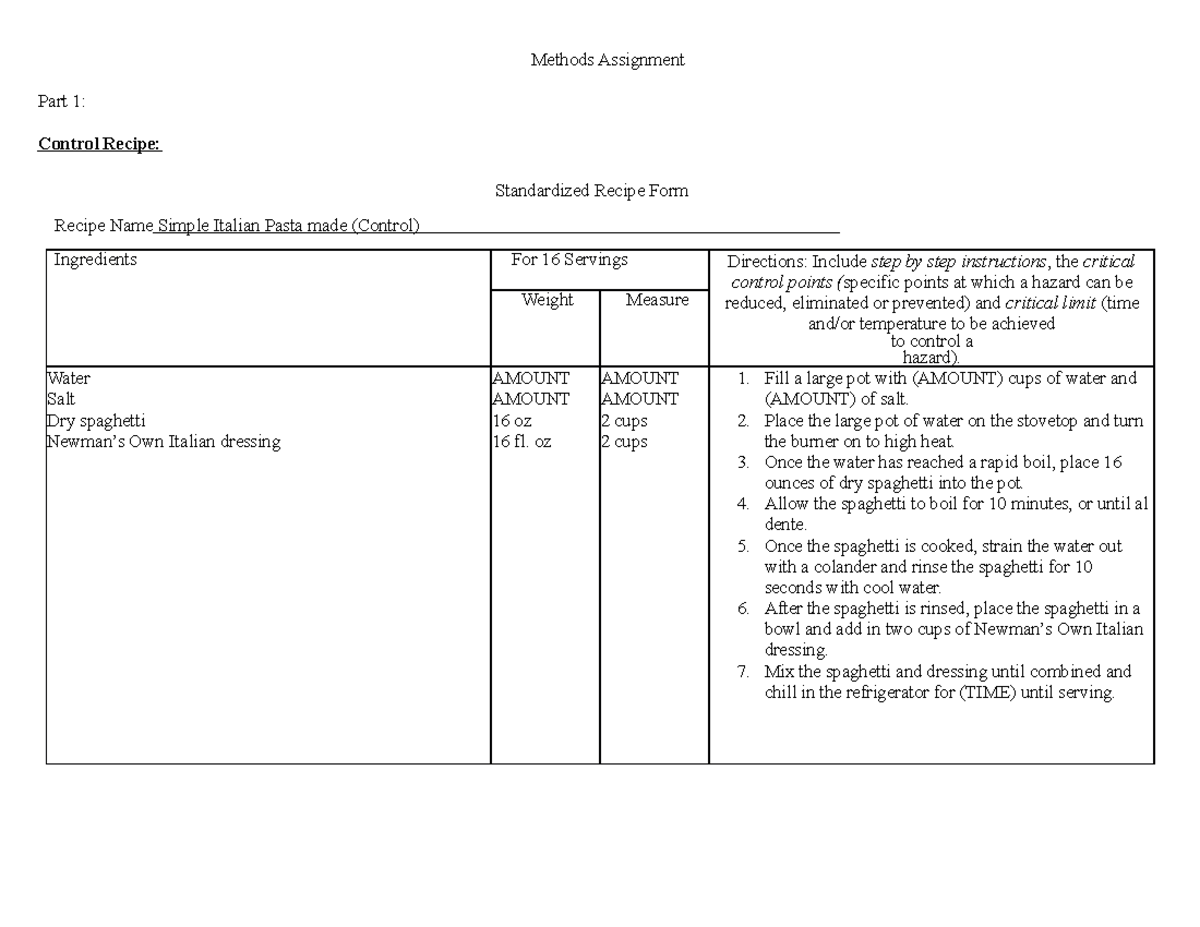 Methods Assignment Example - Methods Assignment Part 1: Control Recipe ...