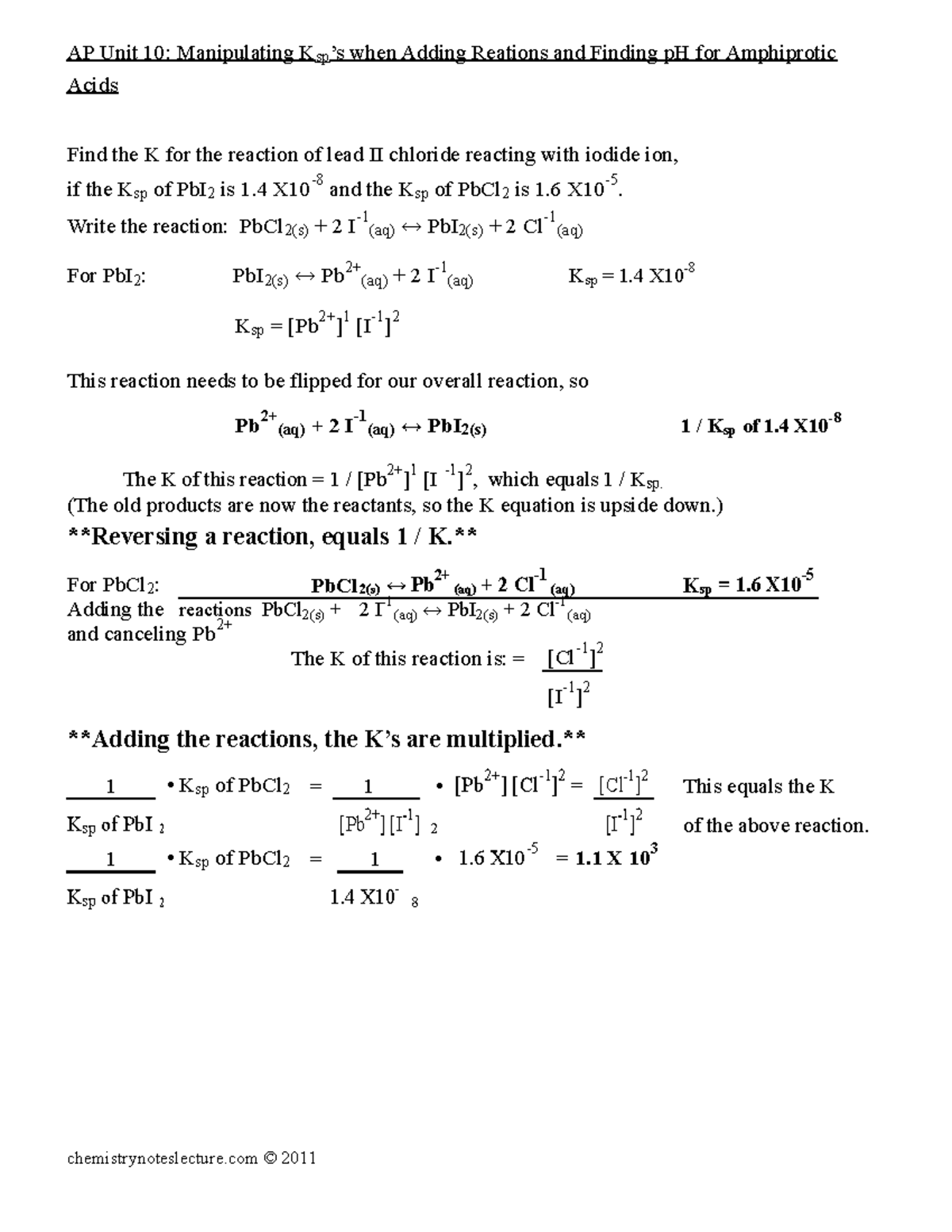 Manipulating Ksp - Notes - AP Unit 10: Manipulating Ksp’s when Adding ...