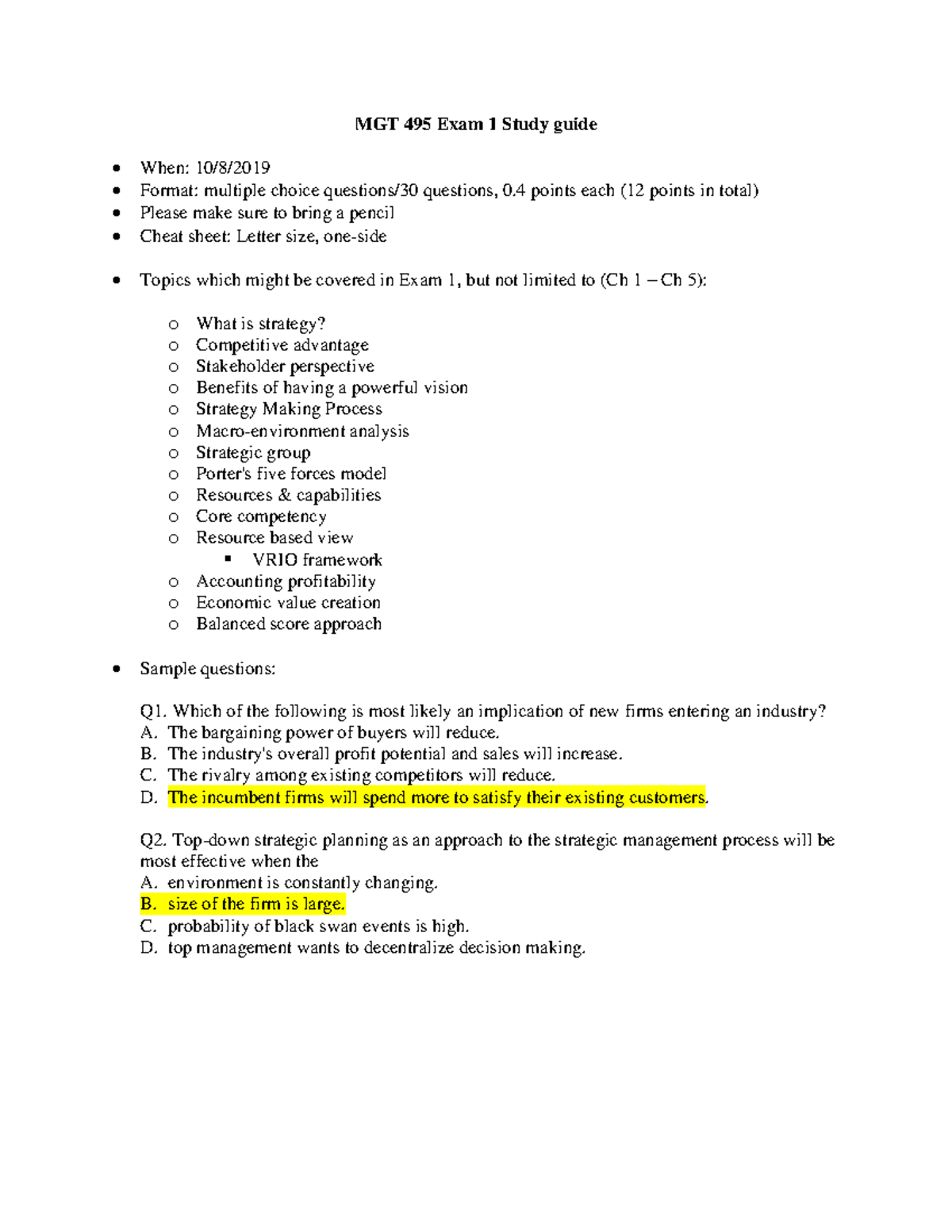 Study guide Exam 1 - Lecture notes 1-12 - MGT 495 Exam 1 Study guide ...