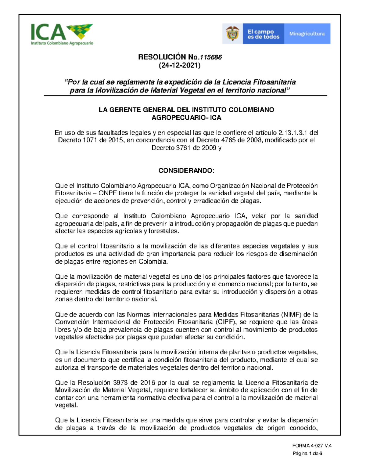 Resolucion 115686 del 24 de diciembre 2021 - FORMA 4- 027 V. RESOLUCIÓN ...