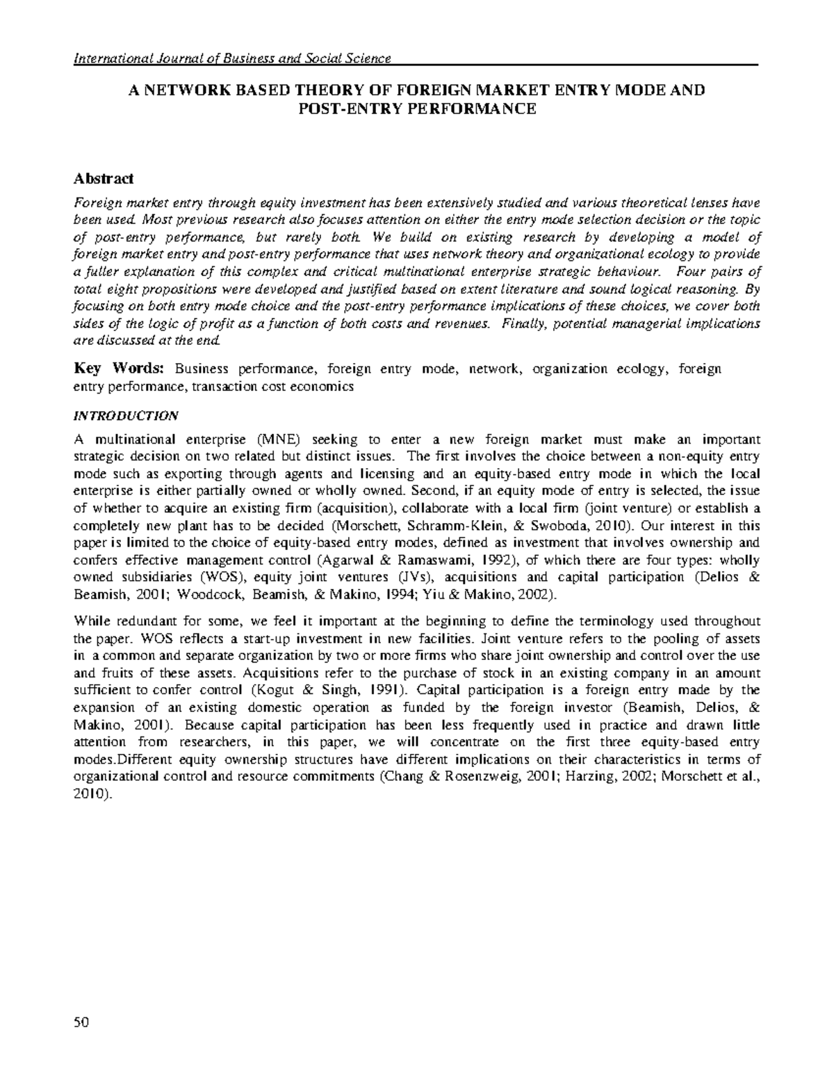 A Network Based Theory Of Foreign Market Entry Mode And Post-Entry ...
