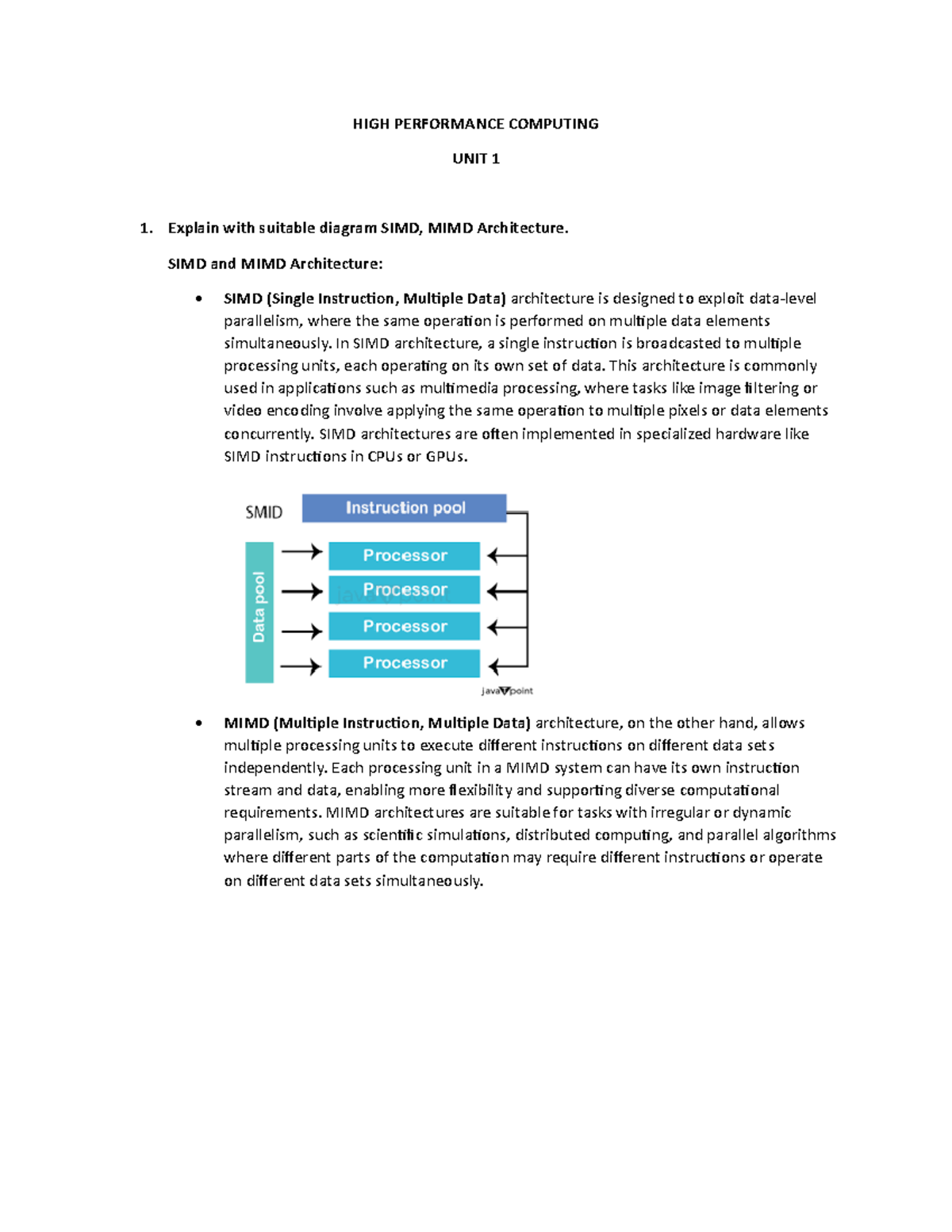 HPC - HIGH PERFORMANCE COMPUTING UNIT 1 Explain with suitable diagram SIMD, MIMD Architecture ...