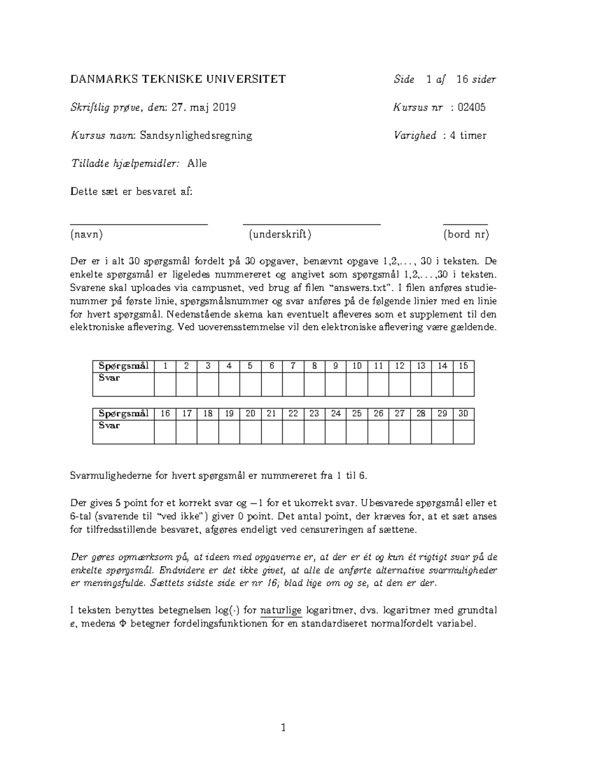 Eks27 5 19 - Eksamen - DANMARKS TEKNISKE UNIVERSITET Side 1 af 16 sider Skriftlig prøve, den: 27 ...