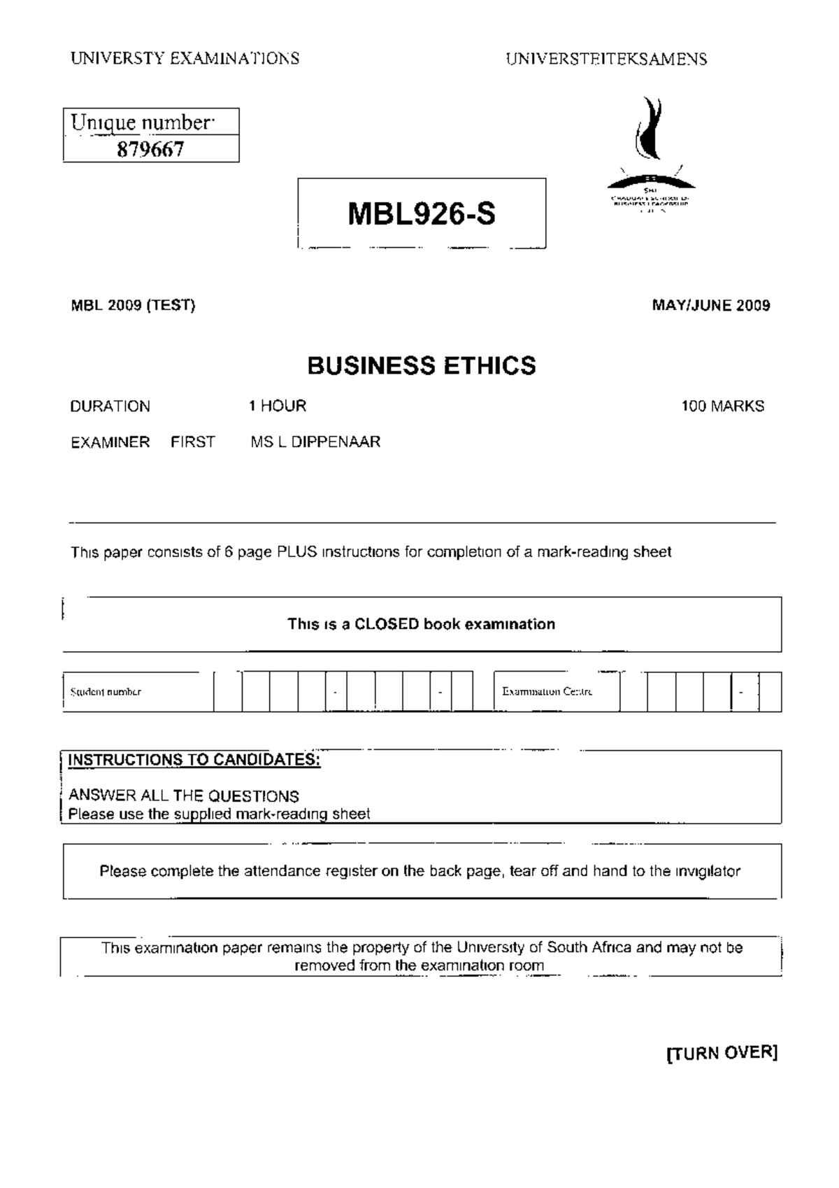 MBL926S 2009 6 E 1 - Questions and answersd - MBL 926 - Unisa - Studocu