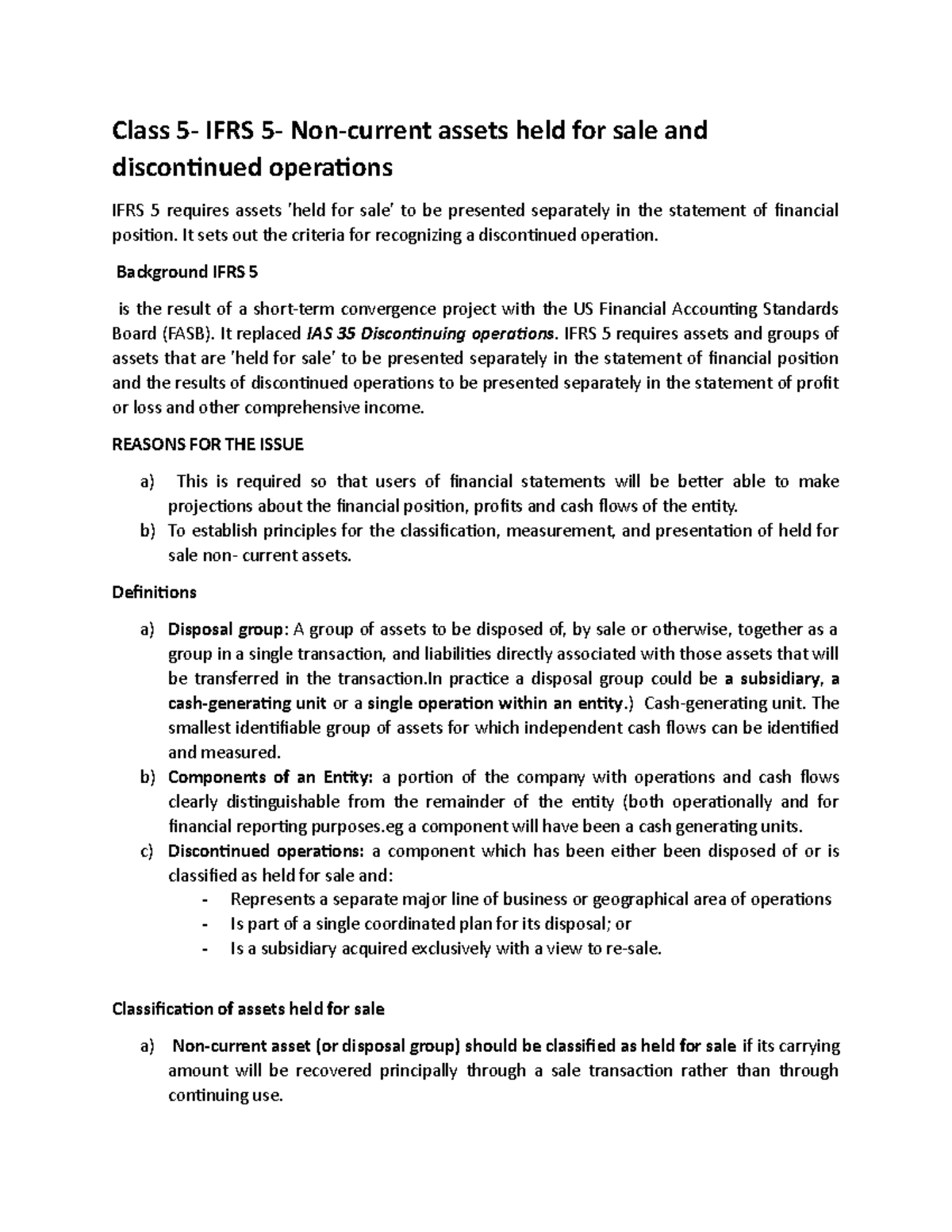 Class 5-IFRS 5 -Non Current Asset held for Sale - Class 5- IFRS 5- Non ...