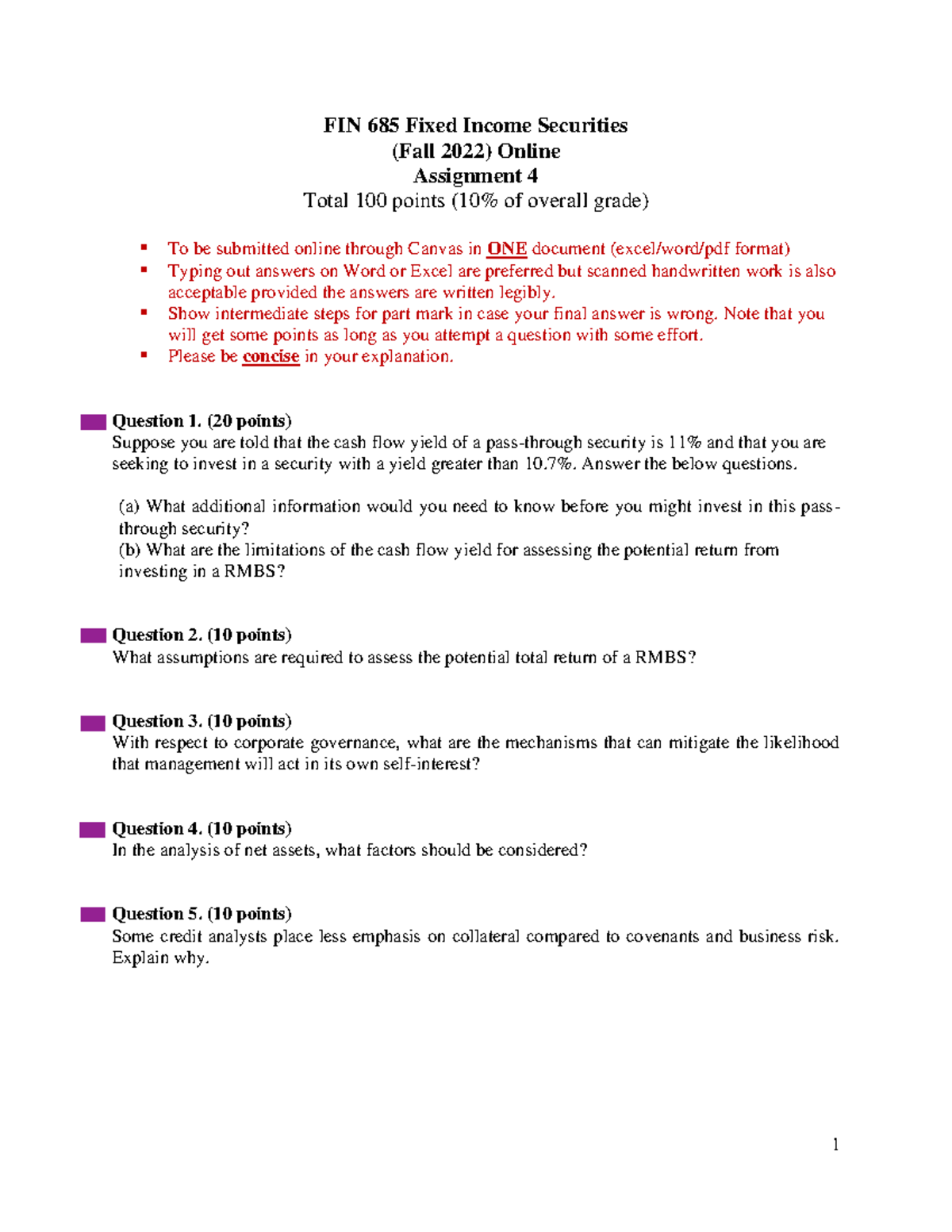 Assignment 4 - FIN 685 - Fixed Income Securities - 1 FIN 685 Fixed ...