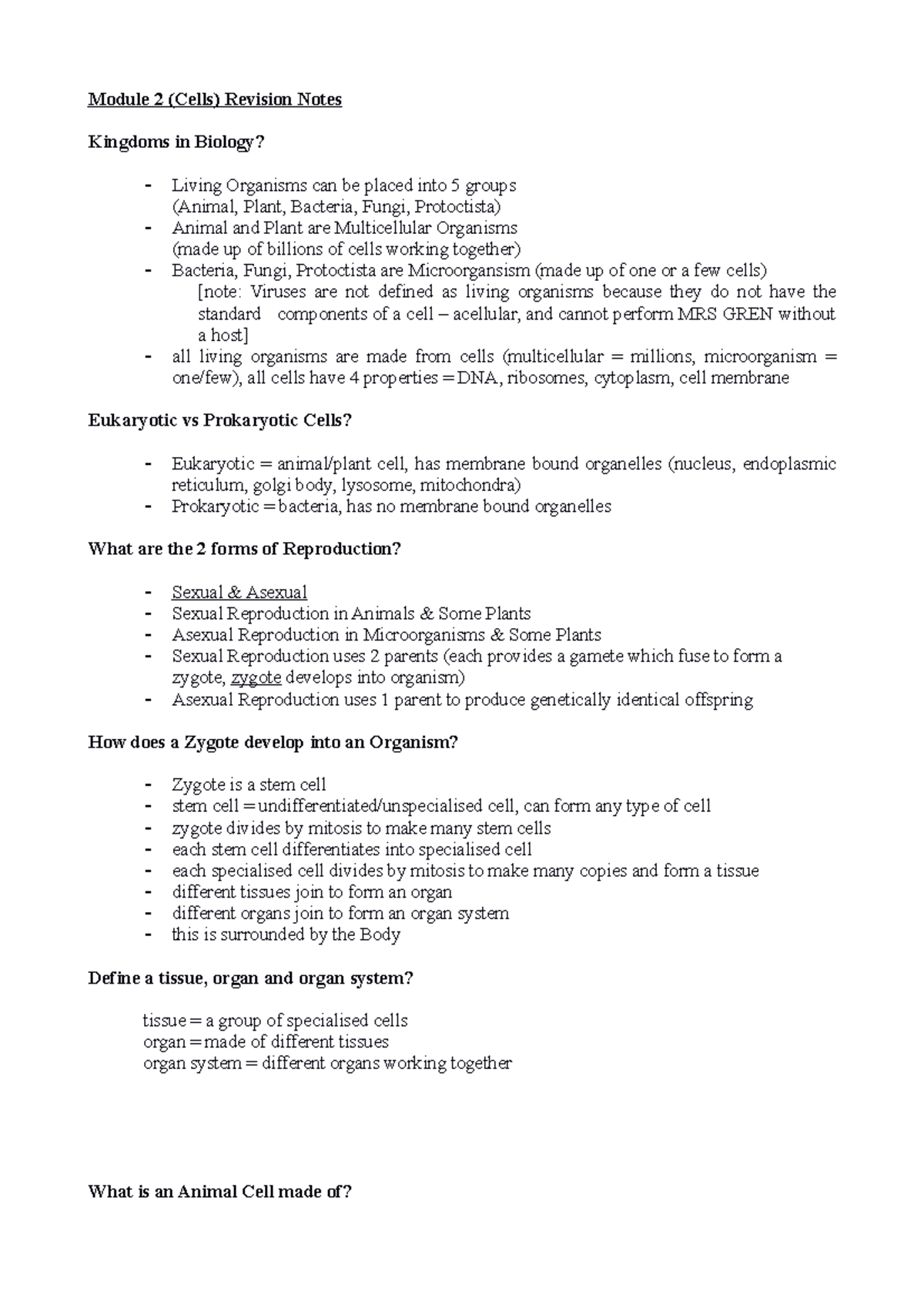 AQA Module 2 Revision Notes - Module 2 (Cells) Revision Notes Kingdoms ...
