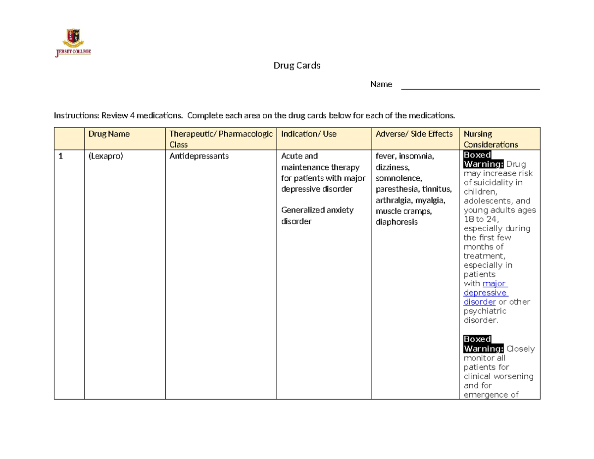 Form for Drug Card Activity (2555 - Drug Cards Name Instructions ...