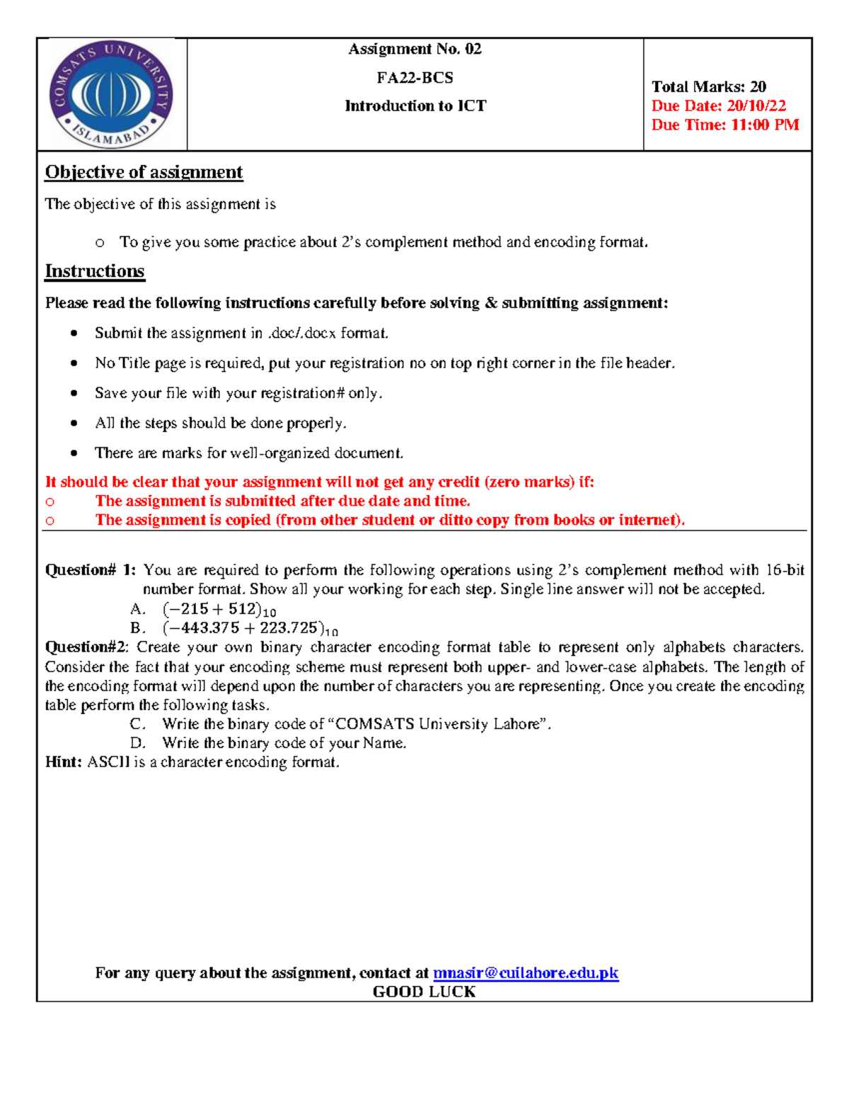 Assignment#2 - pppppppppppppp - Assignment No. 02 FA22-BCS Introduction to ICT Total Marks: 20 ...