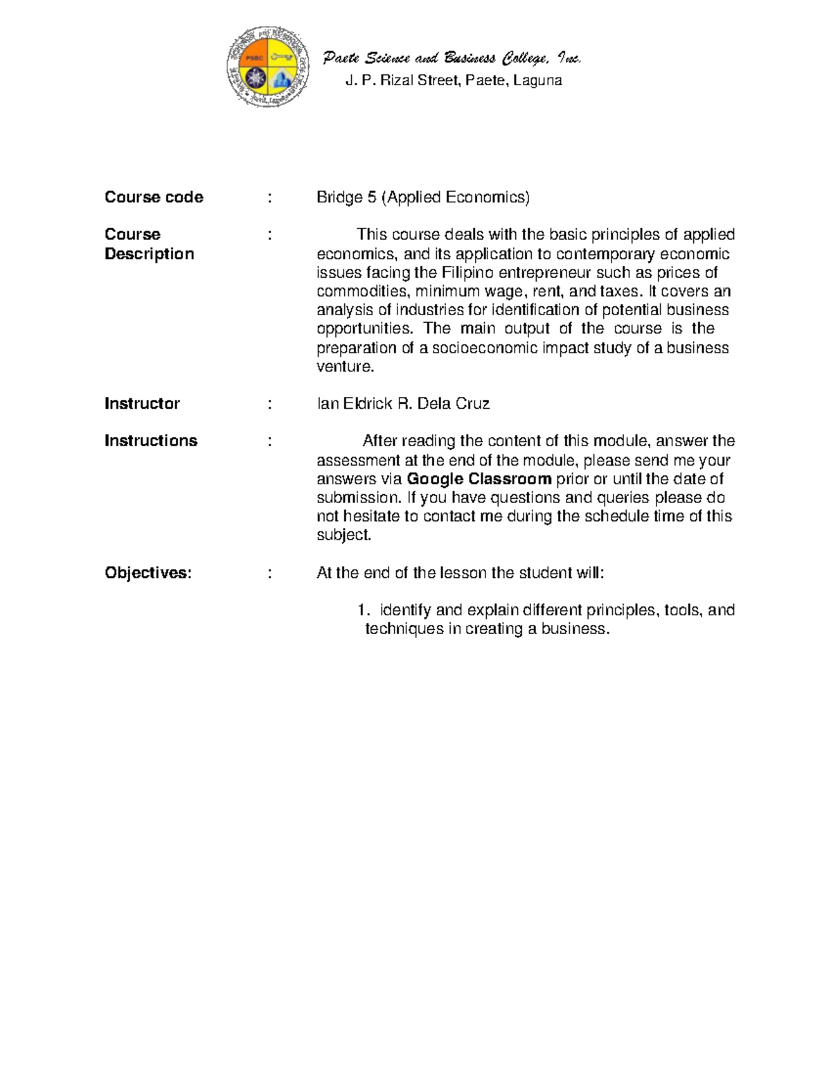 Applied Economics Week12 Module 10 - Paete Science and Business College ...