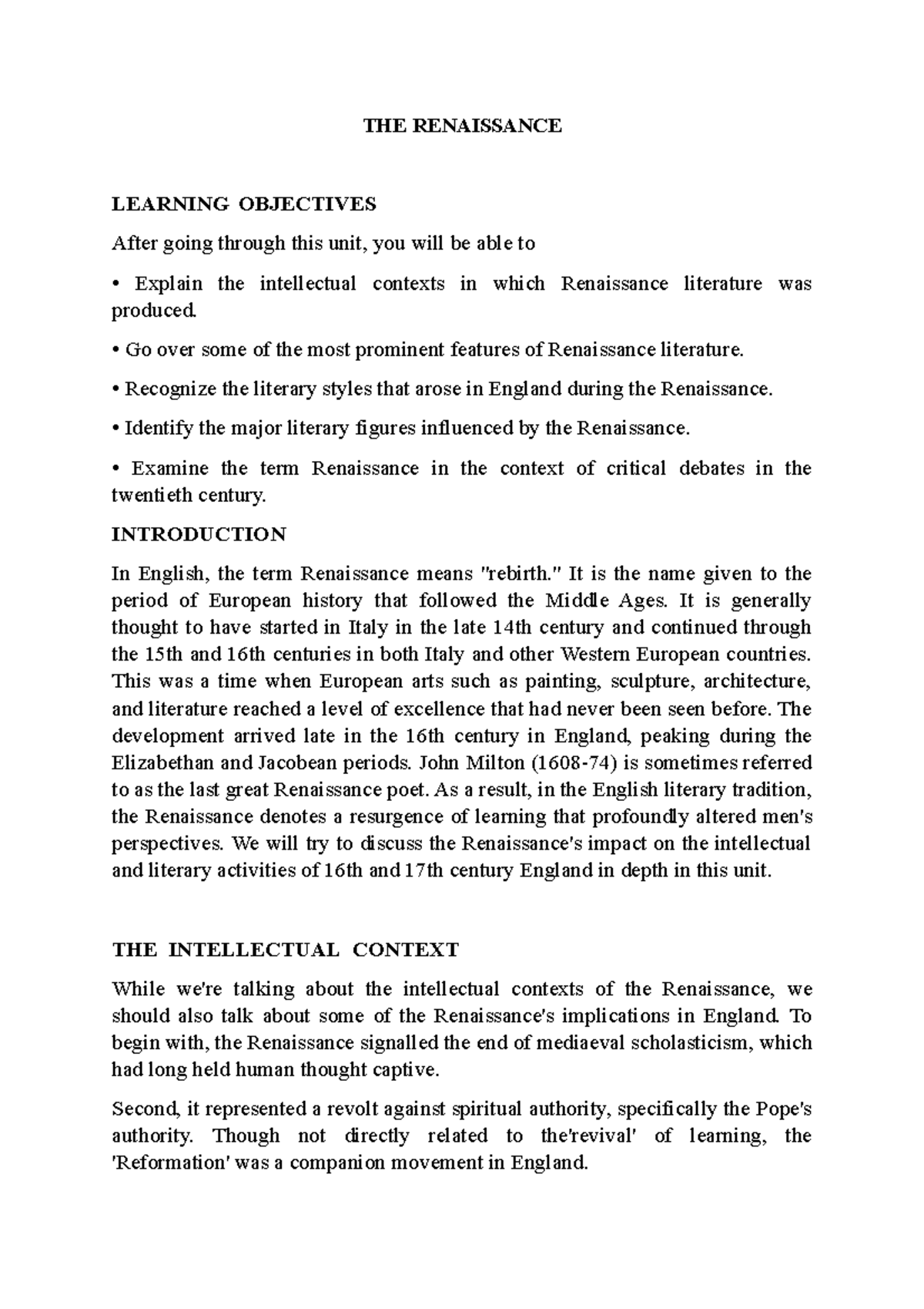 THE Renaissance - Lecture notes 7 - THE RENAISSANCE LEARNING OBJECTIVES ...