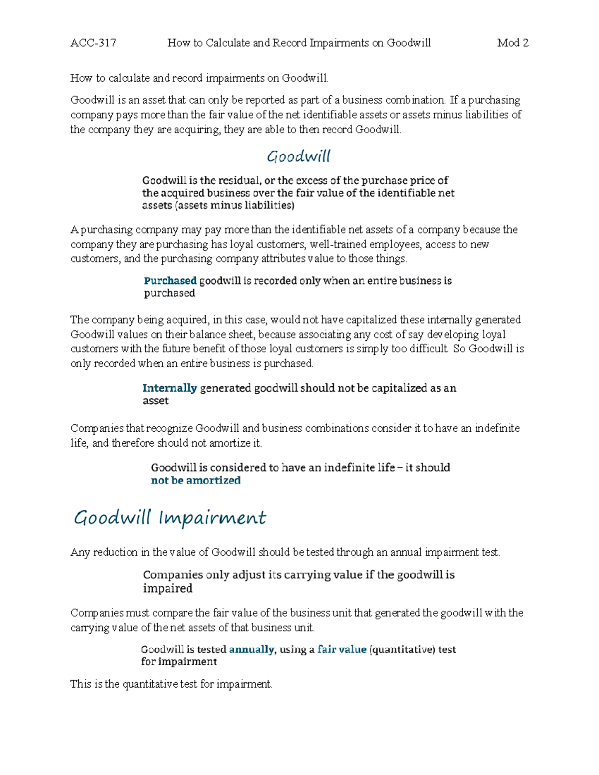 CH 11-How to calculate and record impairments on Goodwill - Goodwill is ...