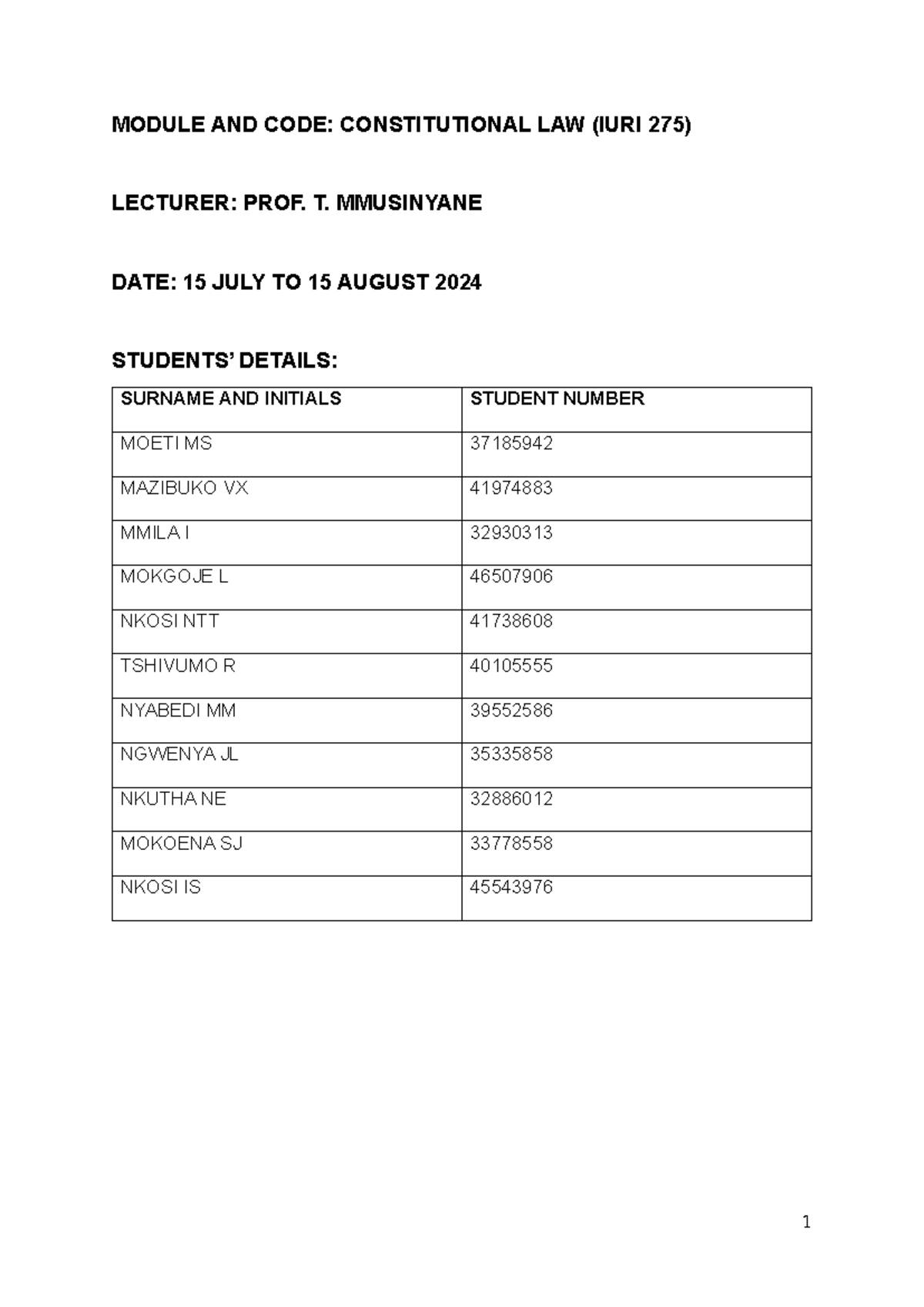 IURI 275 Assignment 2 JULY 2024 - MODULE AND CODE: CONSTITUTIONAL LAW ...