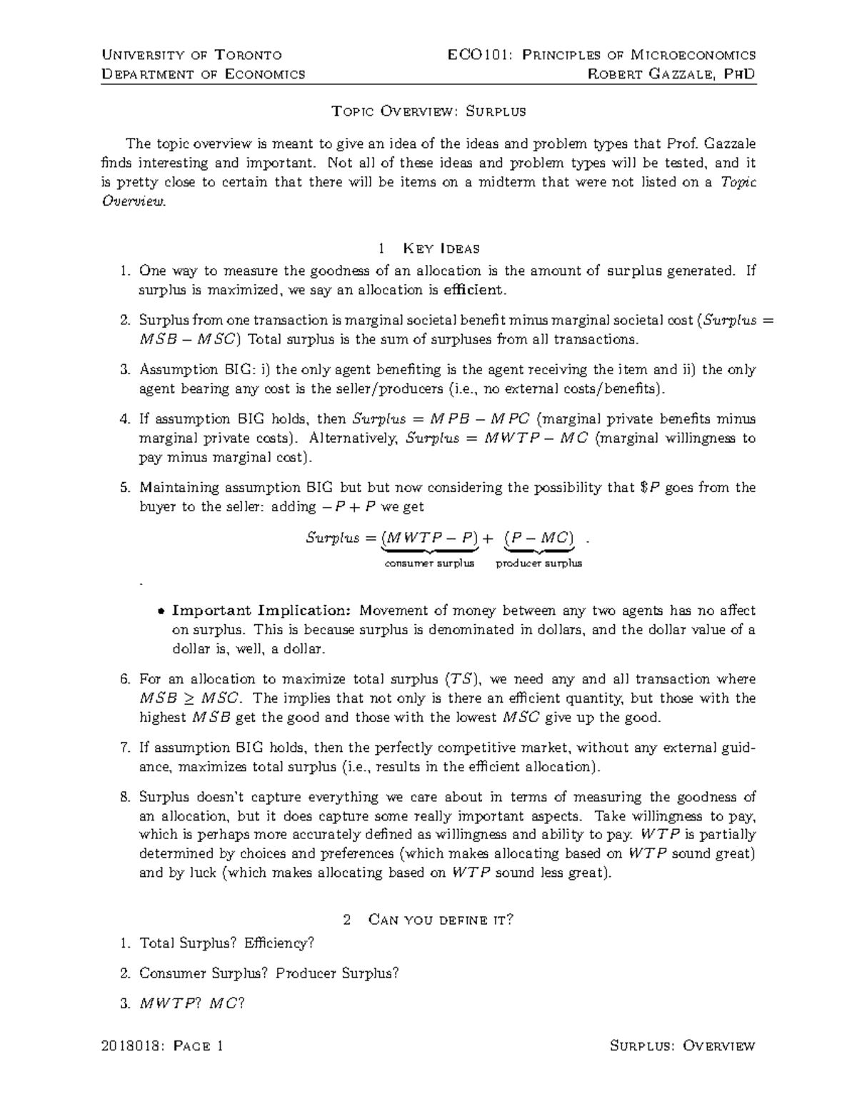ECO101 - Surplus Overview - University of Toronto Department of Economics ECO101: Principles of ...
