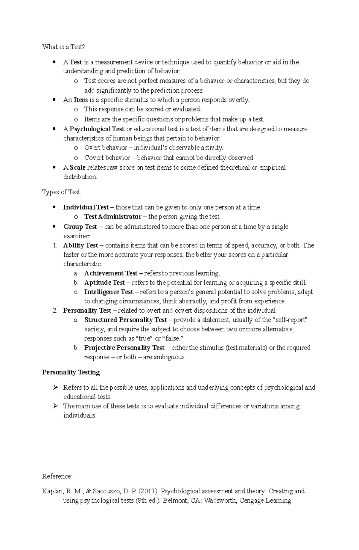 Psych Assessment Written Report - What is a Test? A Test is a ...