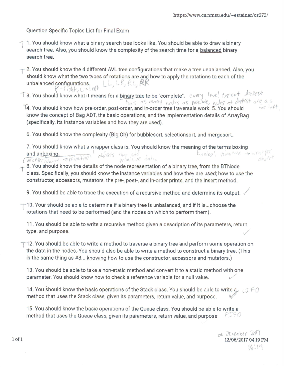 CS 272 Question Specific Topics List for final exam - Question Topics ...