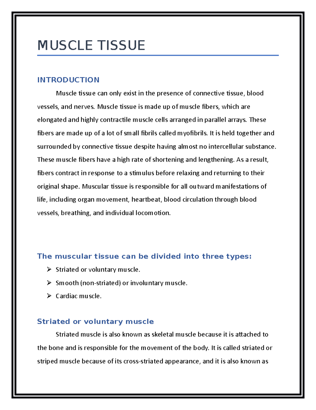 AN Overview OF Muscle Tissue - MUSCLE TISSUE INTRODUCTION Muscle tissue ...