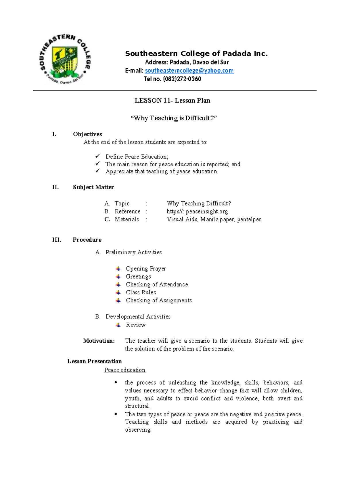 Lesson 11 - Credits - Southeastern College of Padada Inc. Address ...