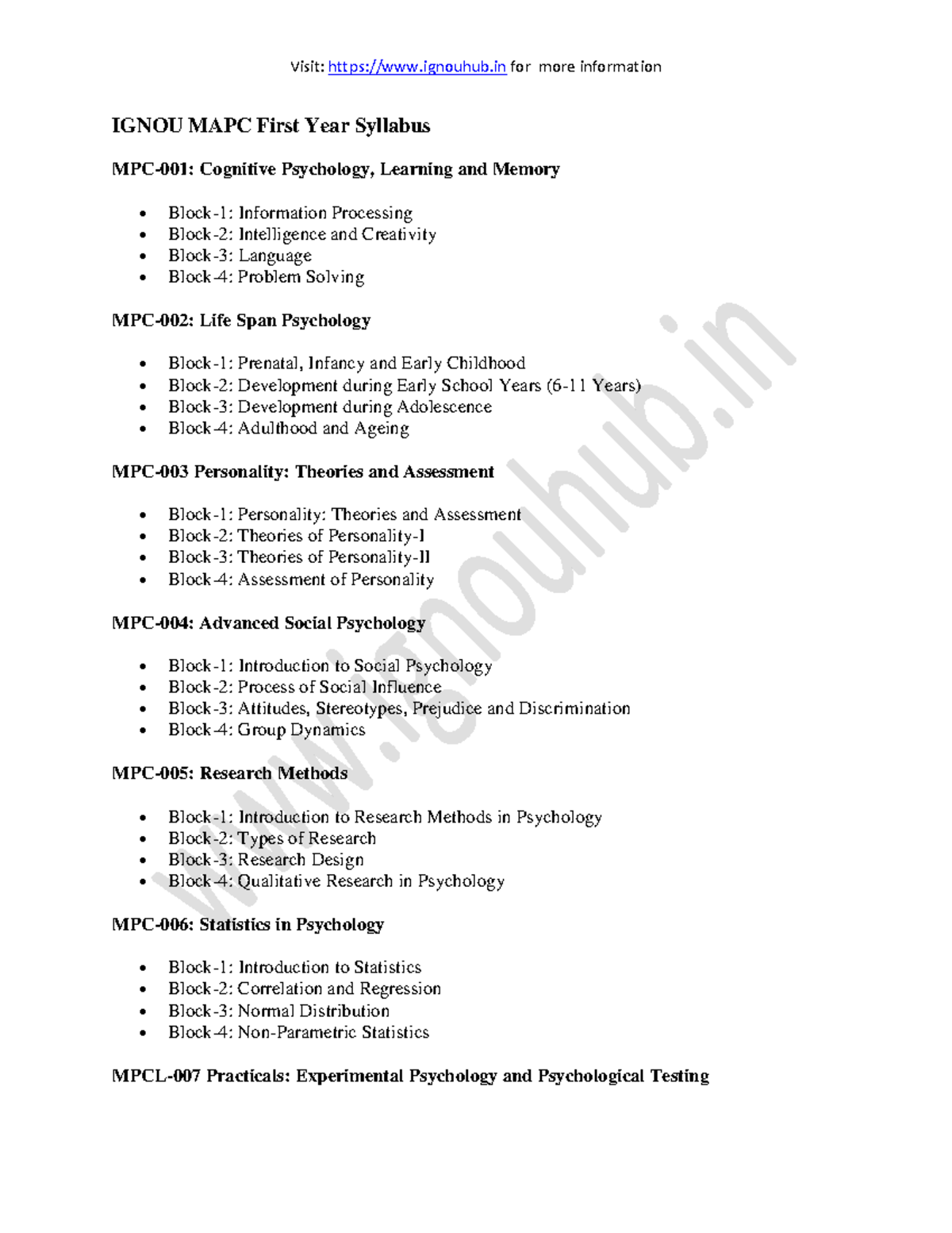Ignou ma psychology syllabus - IGNOU MAPC First Year Syllabus MPC-001 ...