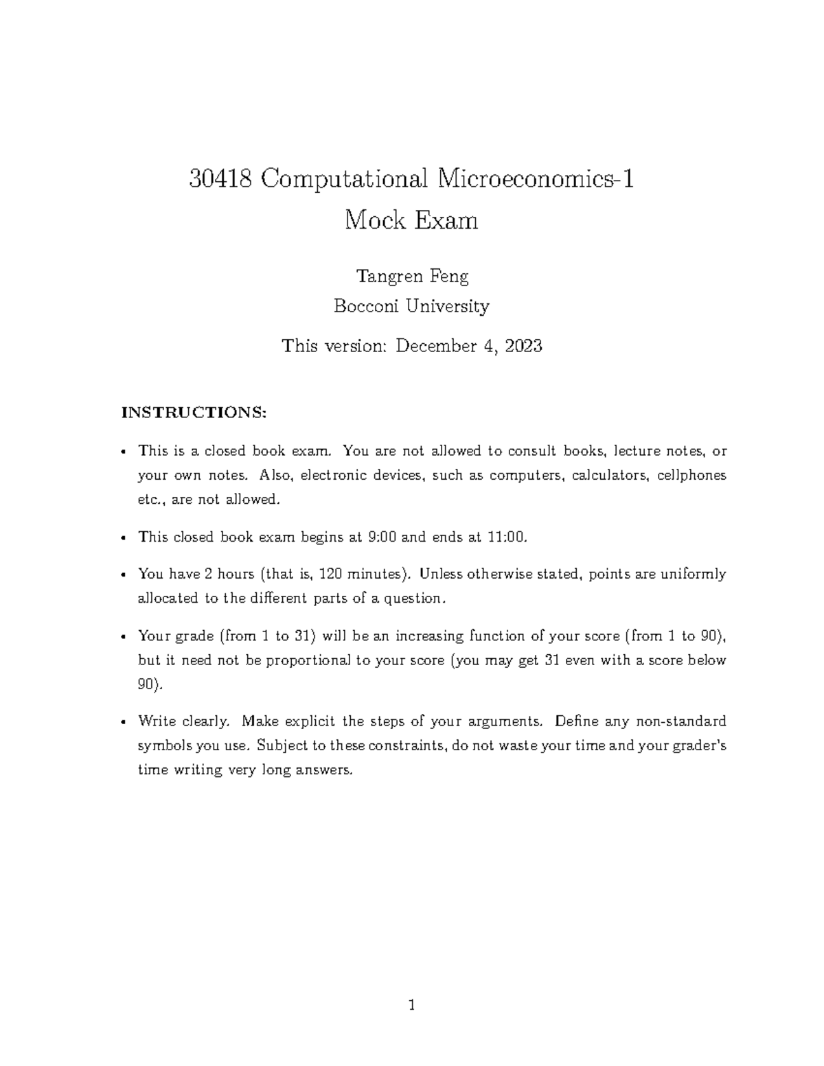 30418 - Final Mock - 30418 Computational Microeconomics- Mock Exam ...