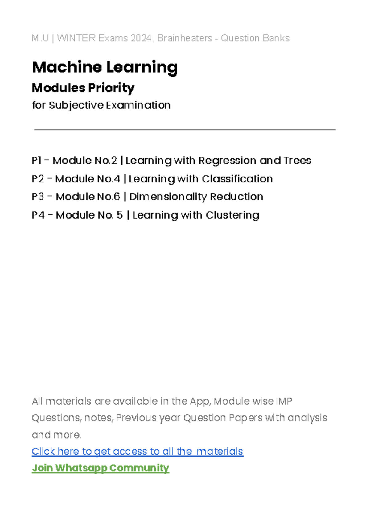 ML Comps Sem7 Module Priority - M | WINTER Exams 2024, Brainheaters - Question Banks Machine ...