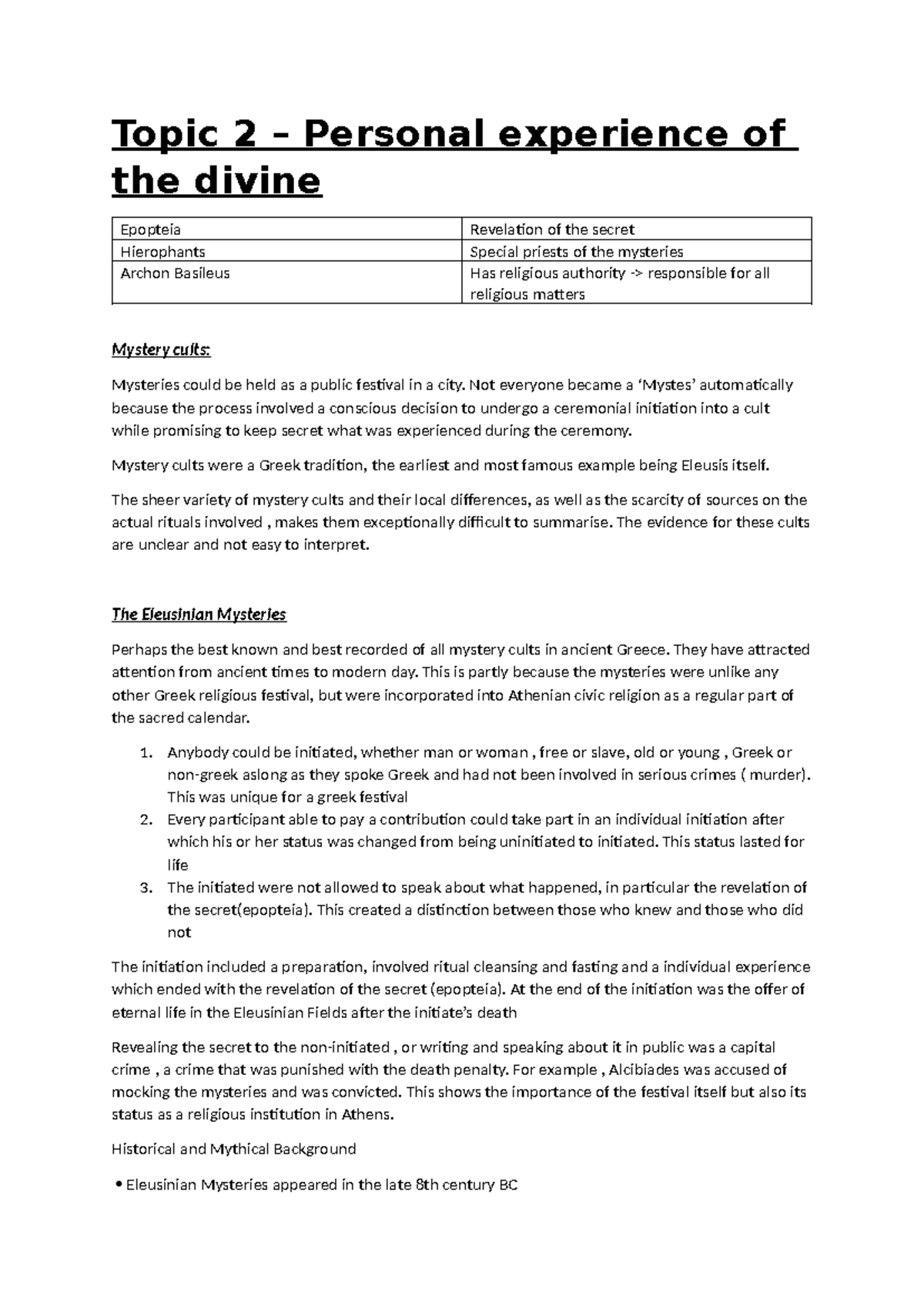 Topic 1 - essays - Topic 2 – Personal experience of the divine Epopteia ...