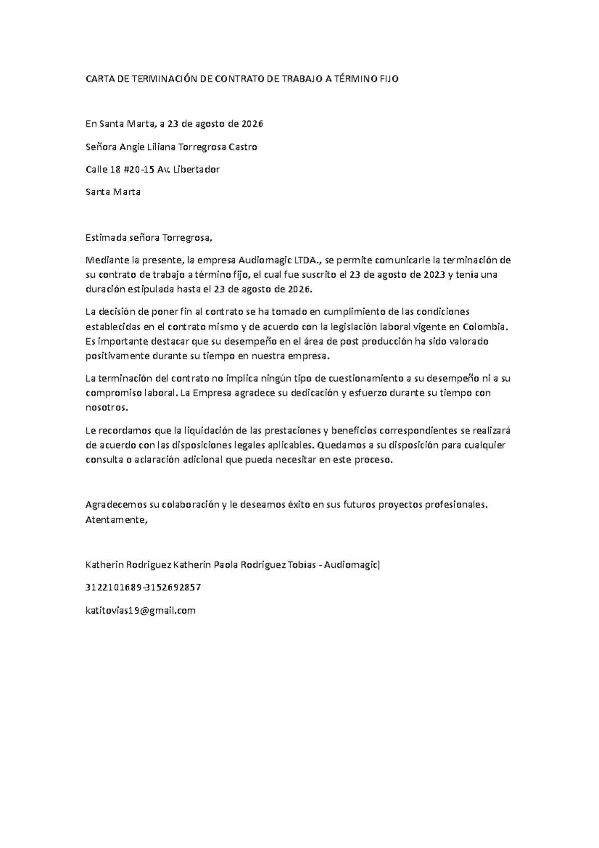 Carta DE Terminación DE Contrato DE Trabajo A Término FIJO2 - CARTA DE ...