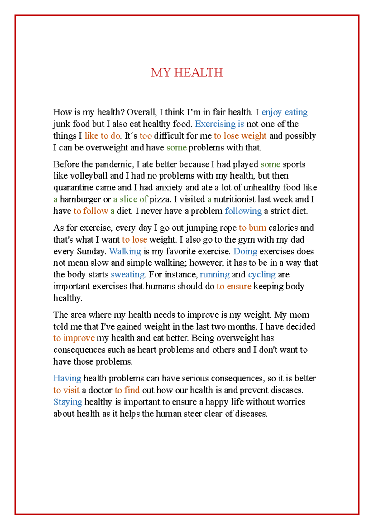 MY Health - Ayleen AG2 - MY HEALTH How is my health? Overall, I think I ...