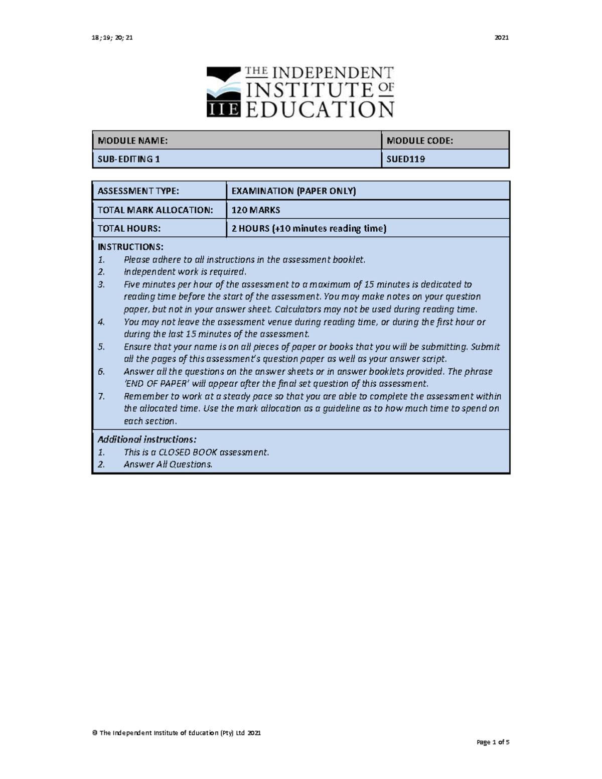 SUED119Eb SDE1 S1 - past paper - © The Independent Institute of ...