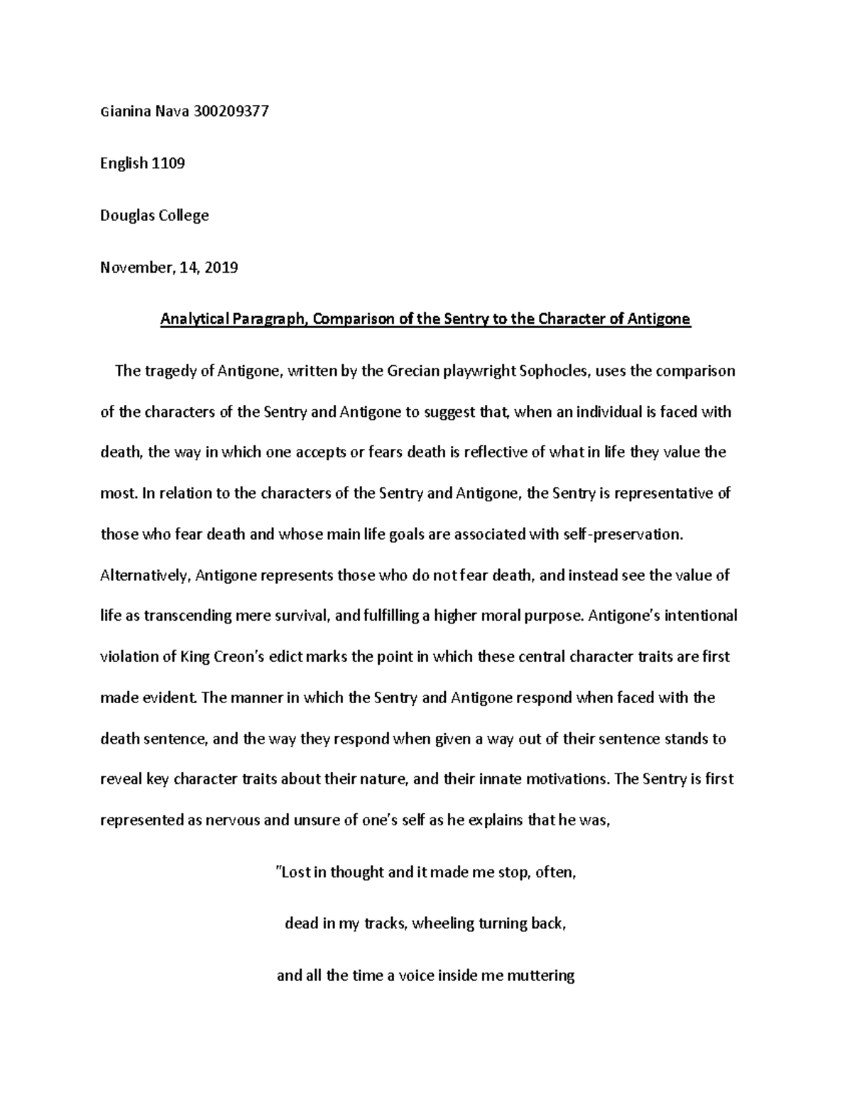 Antigone and Sentry Character Foil paragraph, Nina Nava English 1109 ...