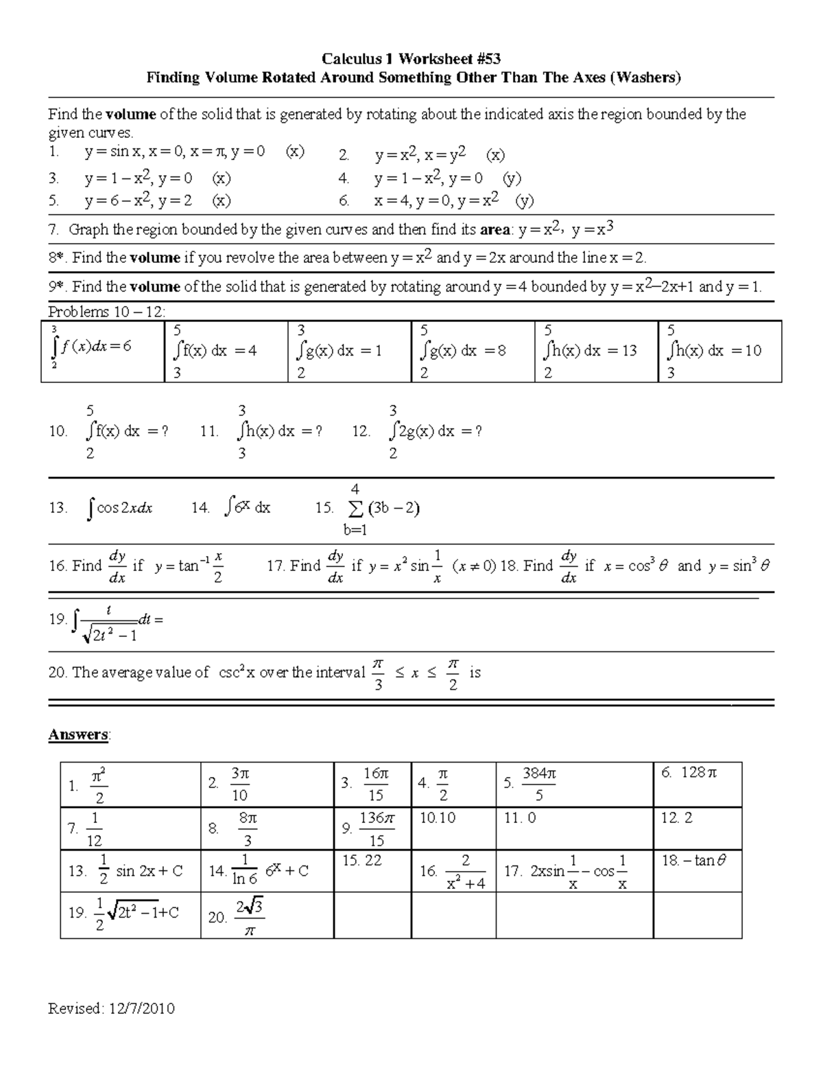 AB ws 053 Volumes Disks Not Axis - Calculus 1 Worksheet # Finding ...