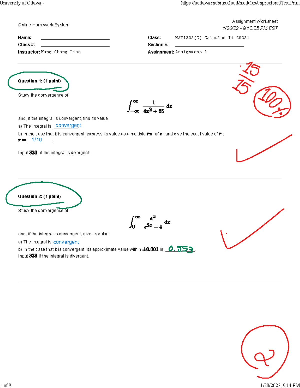 Assignment 1 Improper Integral Area Under The Curve Online Homework