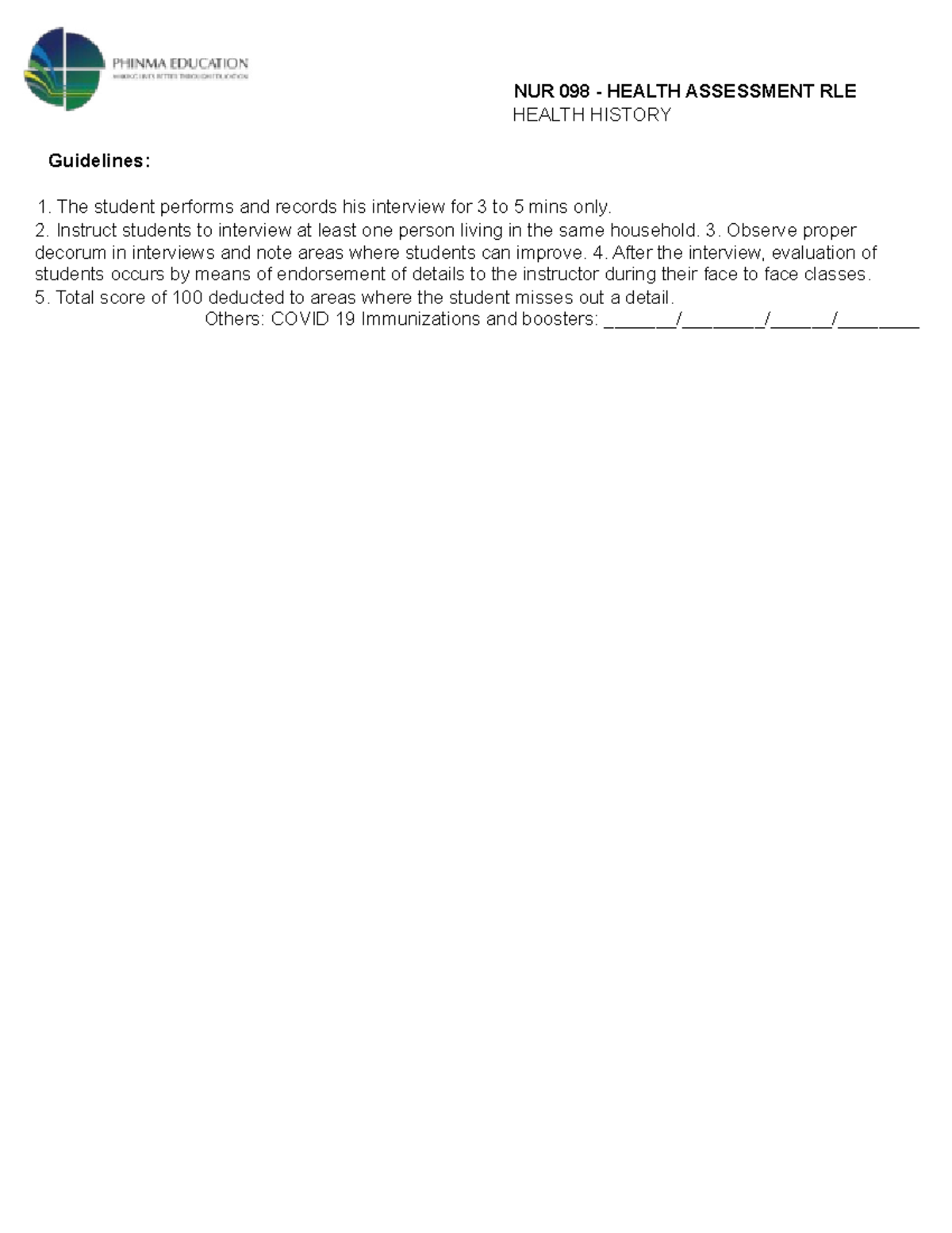 Simulation 1 Interview of Health History - NUR 098 - HEALTH ASSESSMENT ...