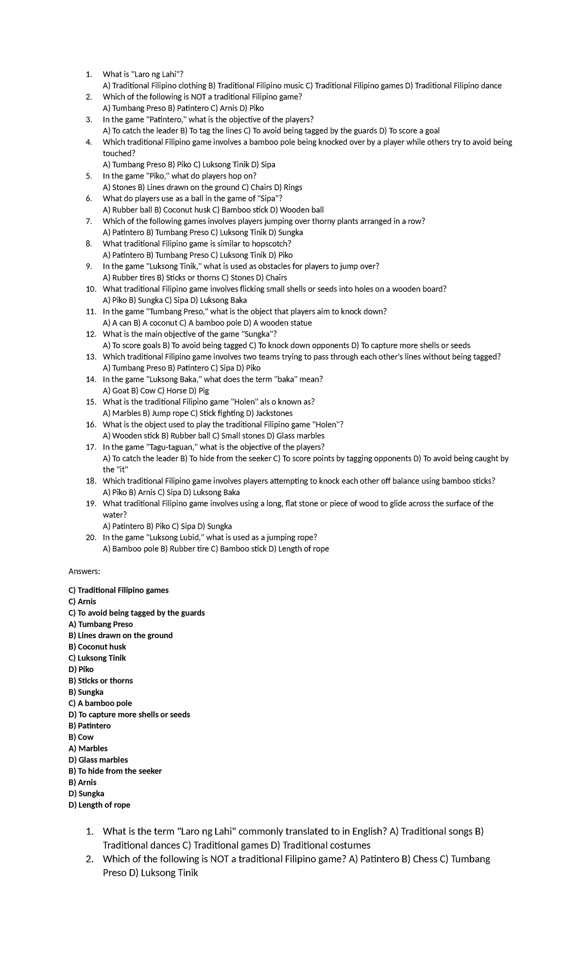 Inbound 1257877393671015288 - 1. What is "Laro ng Lahi"? A) Traditional ...