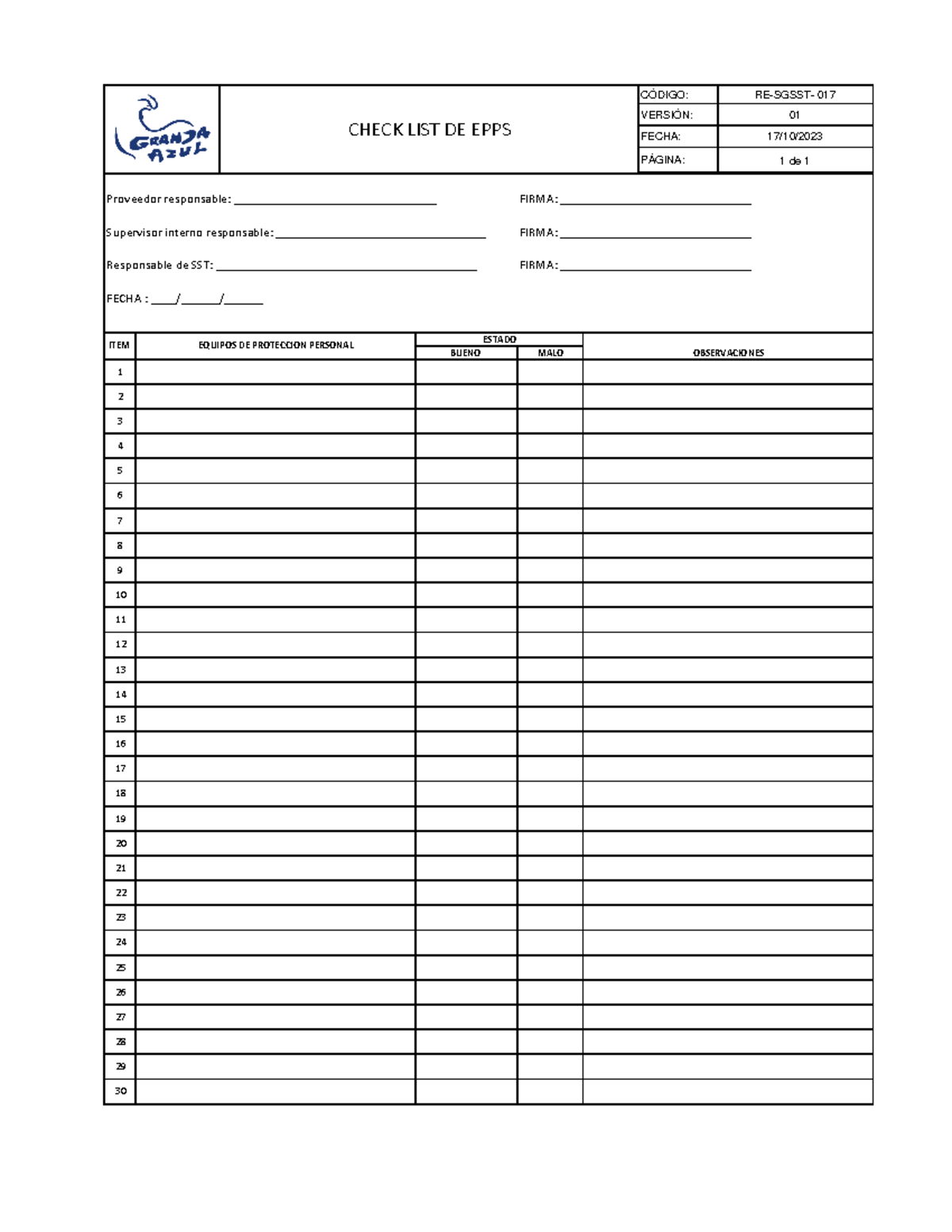 Check LIST EPP - Proveedor responsable ...